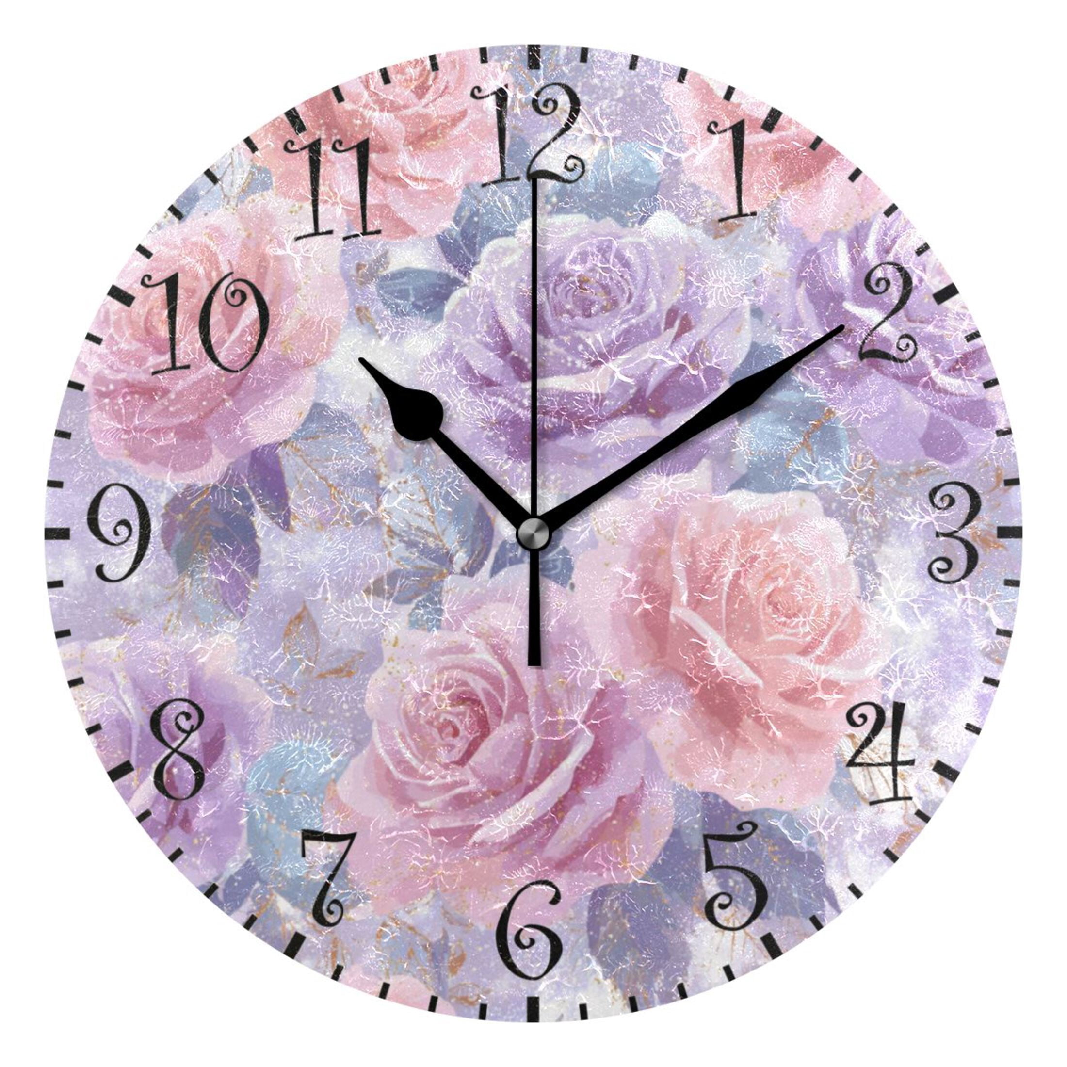 10" Artistic Round Wall Decorative Desk Clock Lavender Watercolor Roses ...