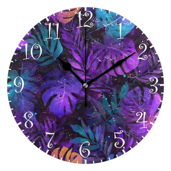 10" Artistic Round Wall Decorative Desk Clock Neon Palm Leaves Pattern ...