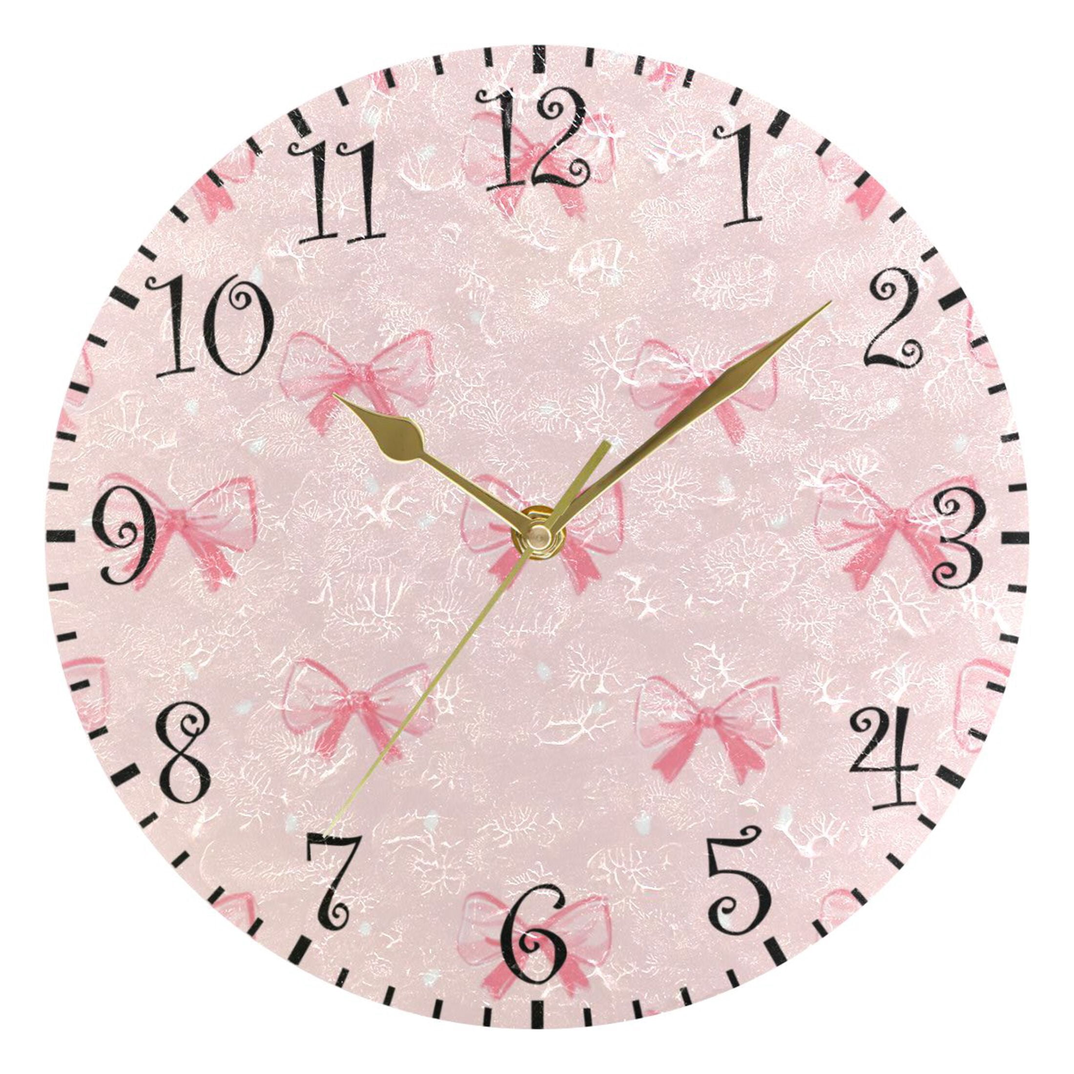 10" Artistic Round Wall Decorative Desk Clock Pink Bow Pattern Wall ...