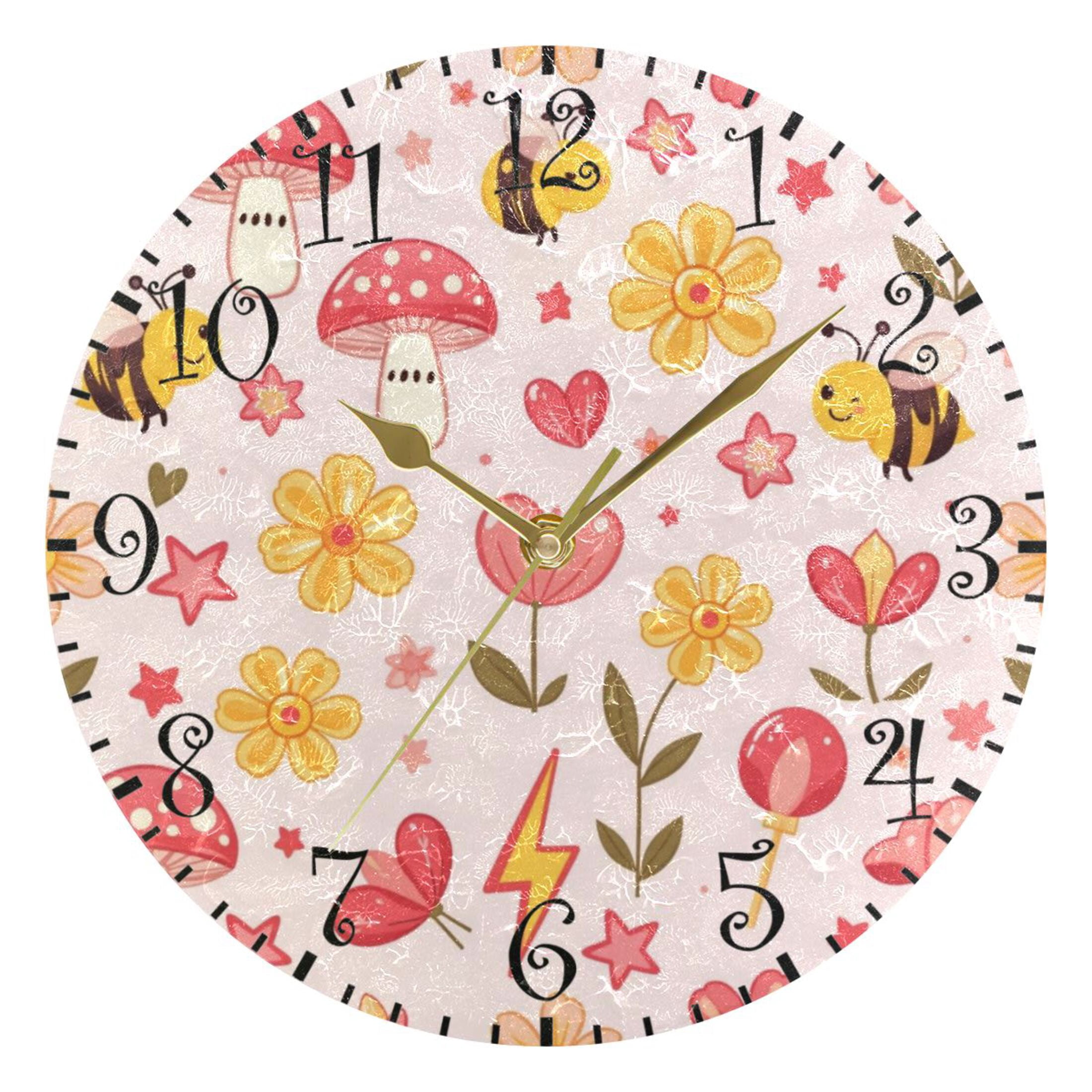 10" Artistic Round Wall Decorative Desk Clock Pink Mushrooms and Yellow ...