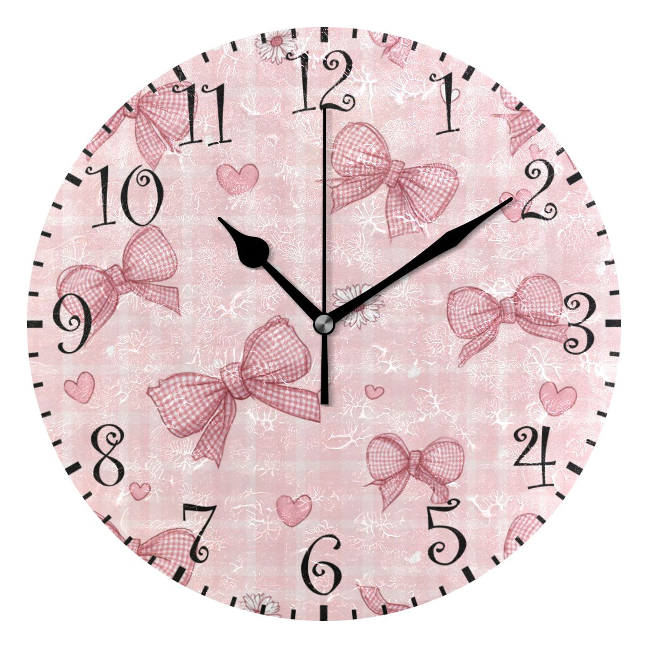 10" Artistic Round Wall Decorative Desk Clock Pink Plaid Bow Wall Clock ...
