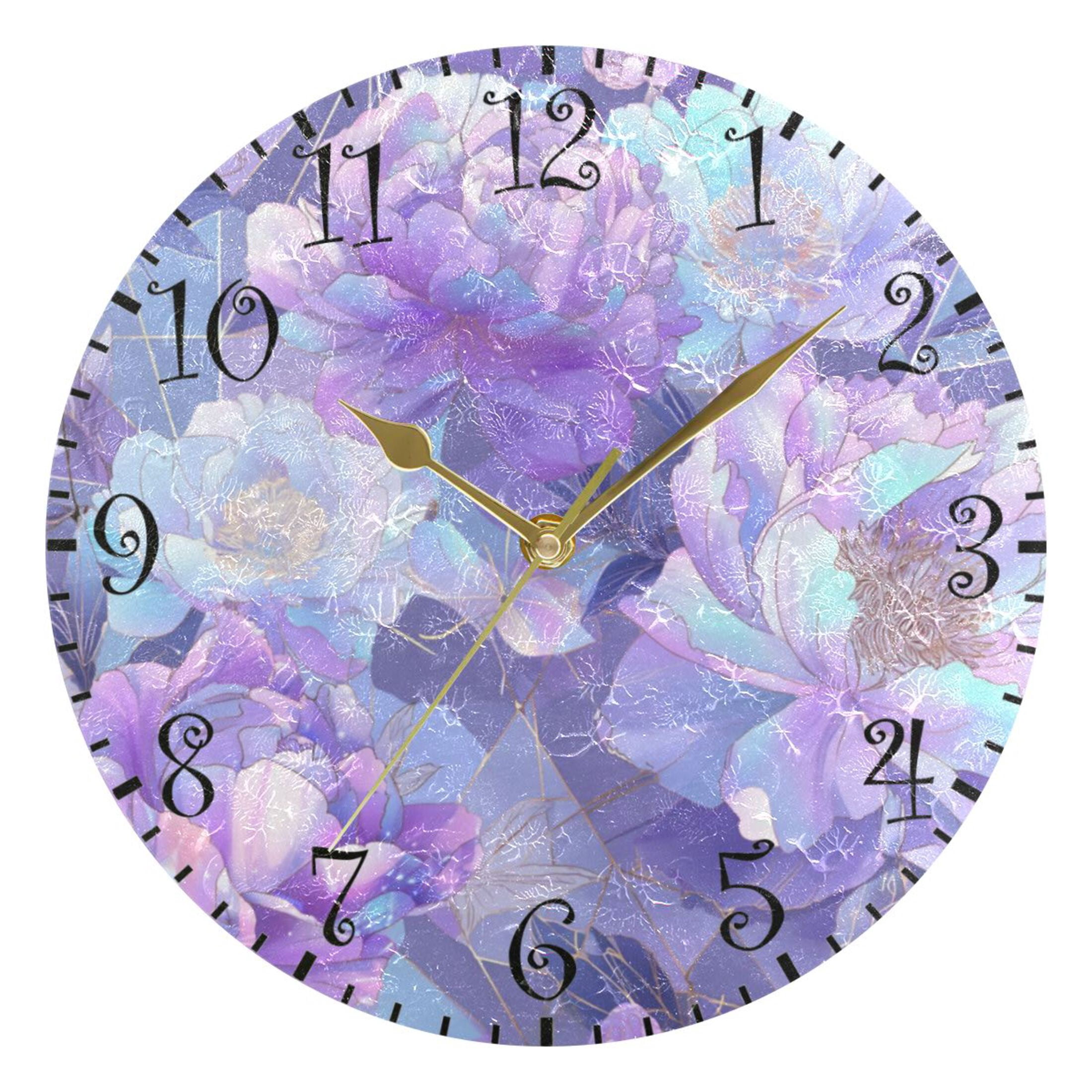 10" Artistic Round Wall Decorative Desk Clock Purple Peony Flower Wall ...