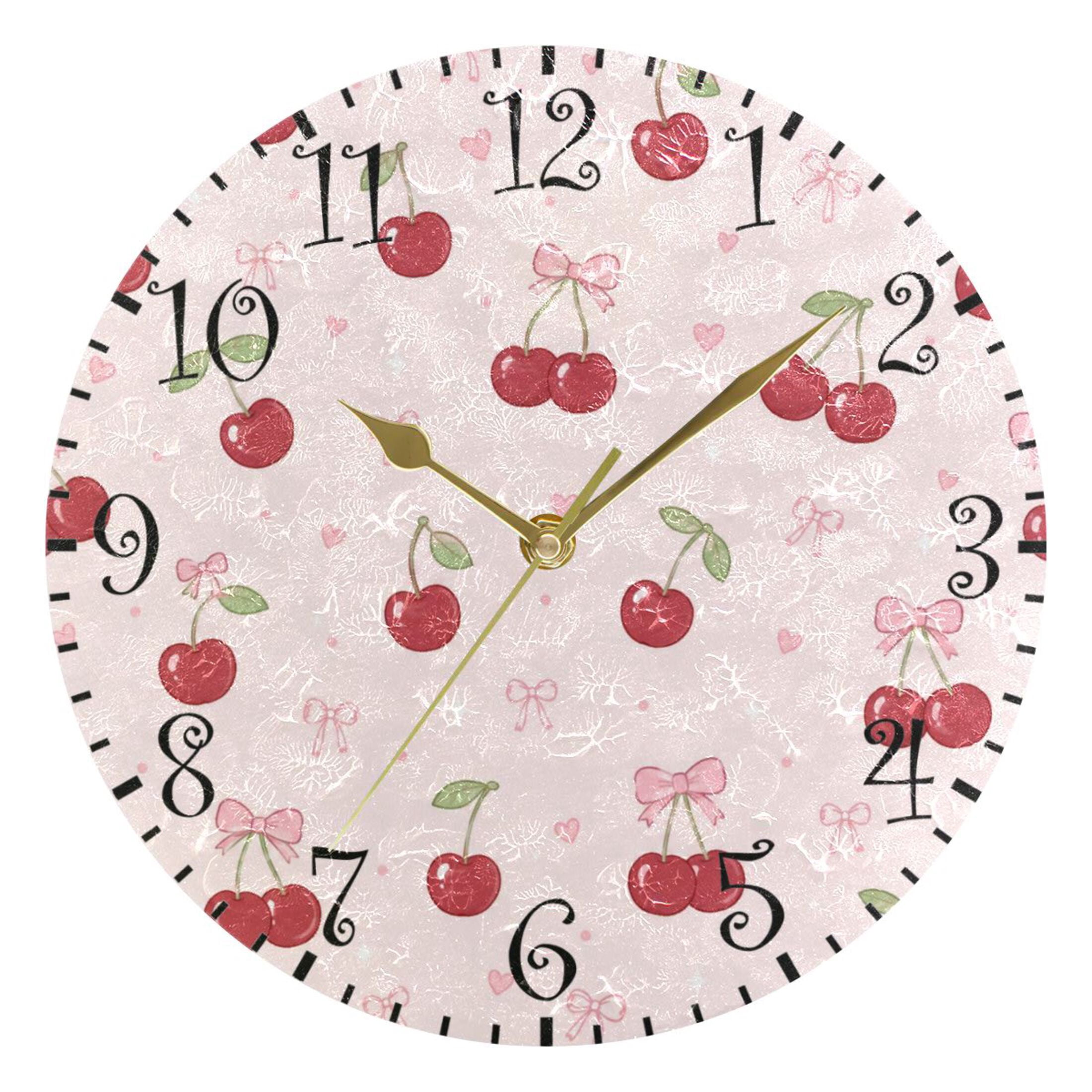 10" Artistic Round Wall Decorative Desk Clock Red Cherry and Pink ...