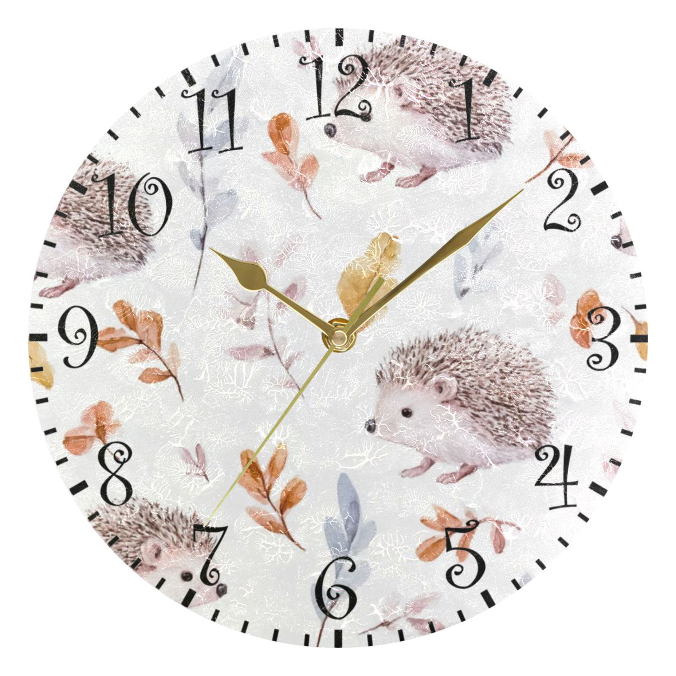 10" Artistic Round Wall Decorative Desk Clock Watercolor Hedgehogs ...