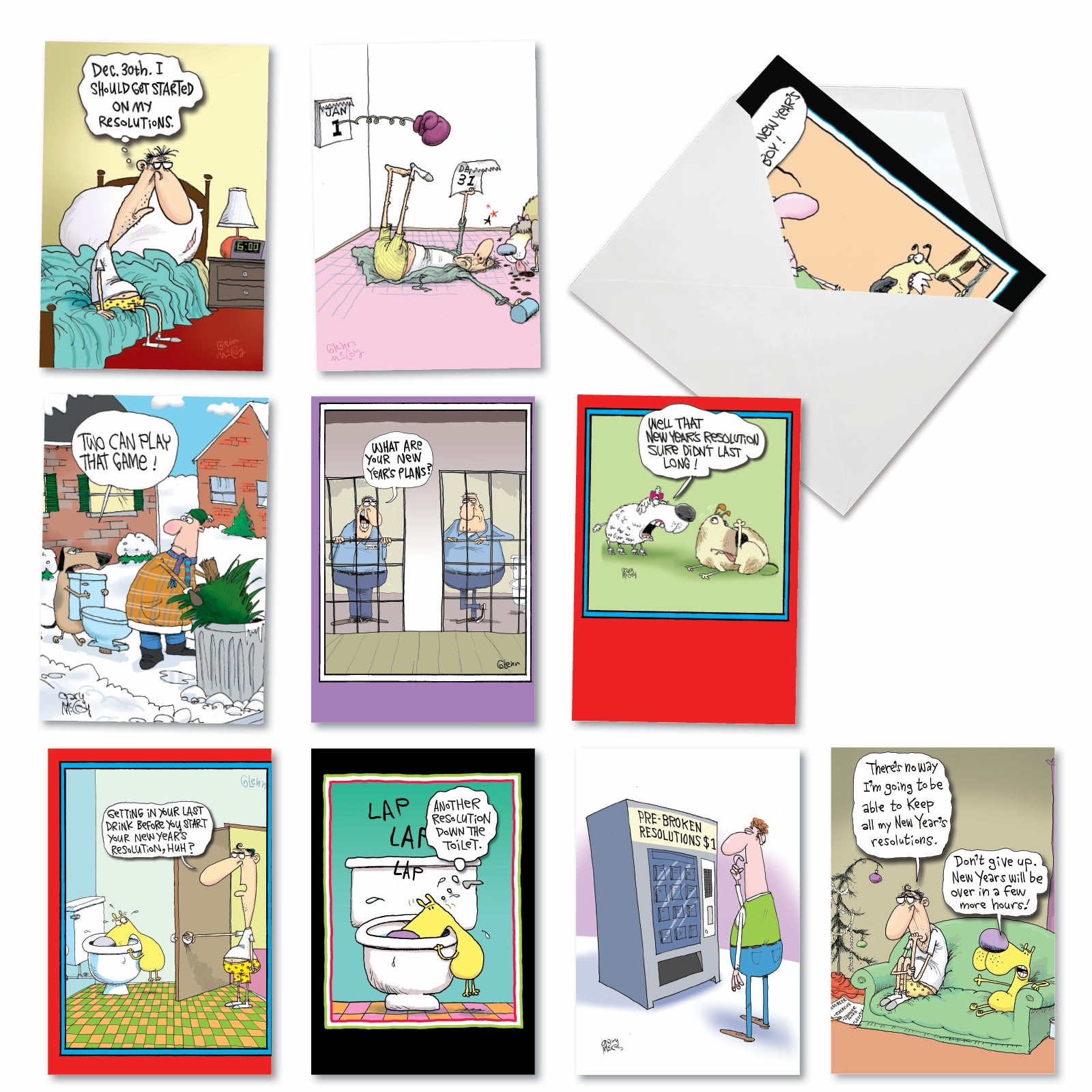 10 Assorted Set Funny New Year Greeting Cards - New Year's Punch Lines ...