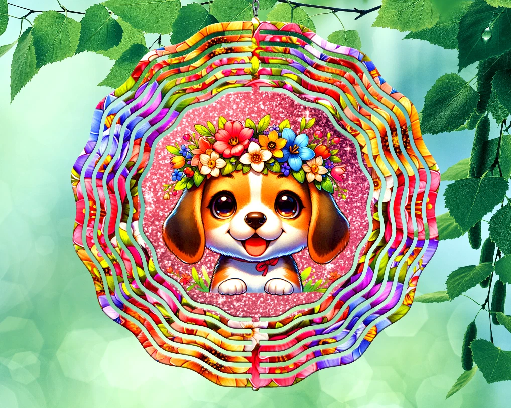 10" Beagle Puppy Dog Flowers Hanging Wind Spinner Yard Decor Kinetic ...