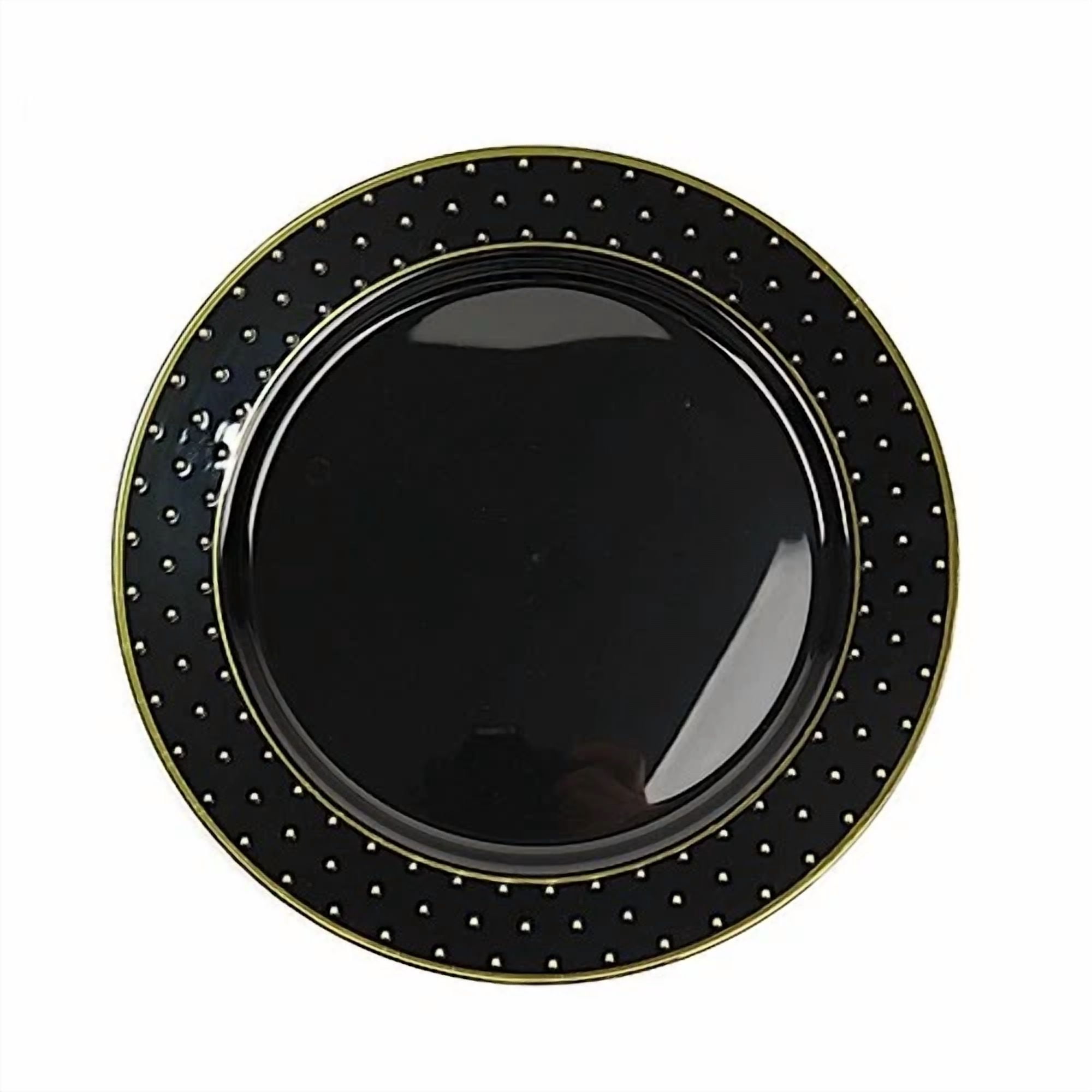 10 Black 10" Round Plastic Salad Plates Gold 3D Dotted Rim Events ...