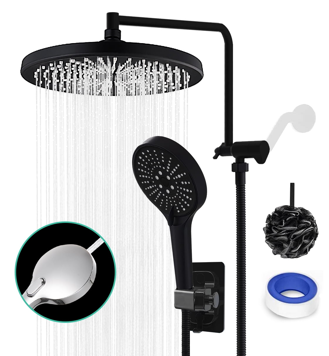 10" Black Rain Shower Head with Handheld Spray Rainfall Showerhead with ...
