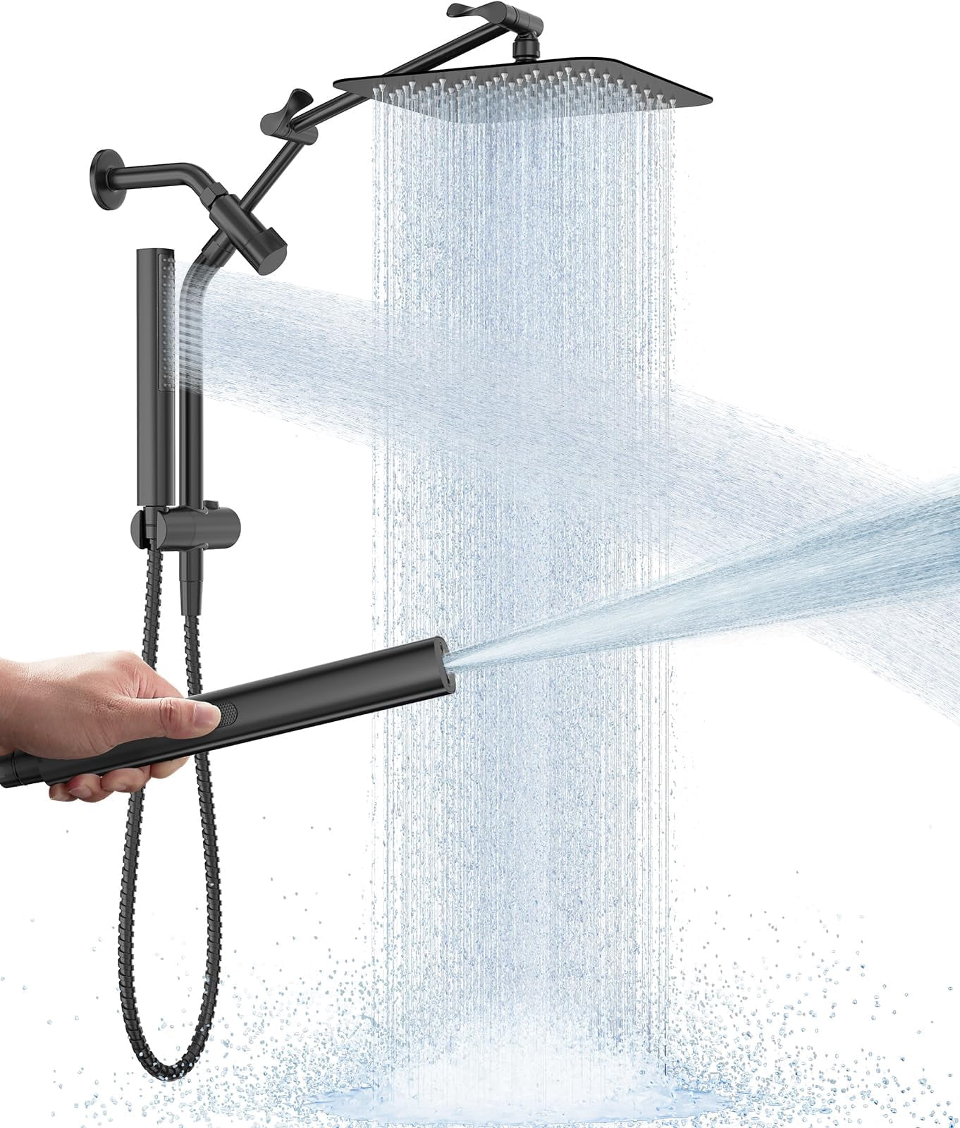 10" Black Shower with Handheld, Luxurious Square Double Rain Shower ...