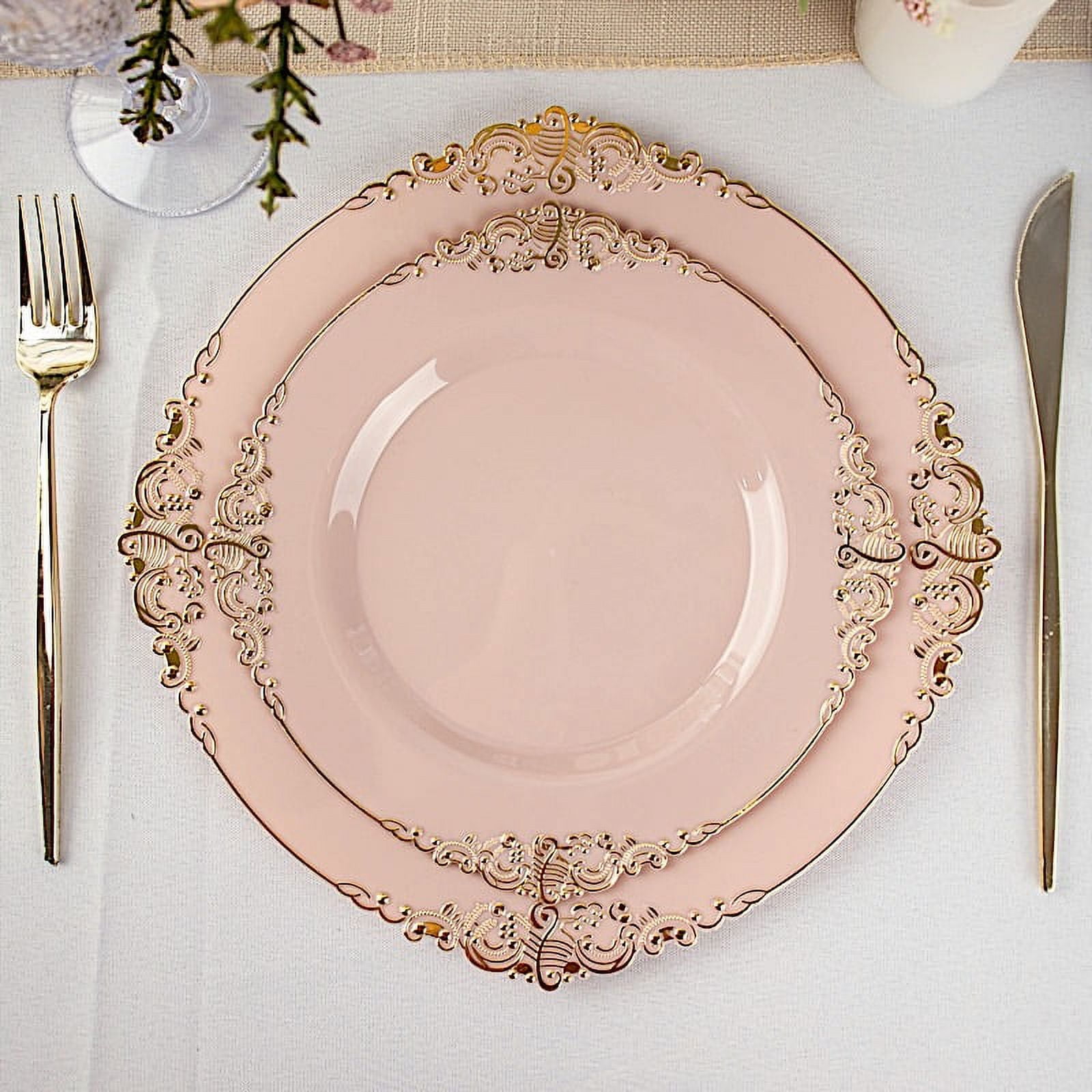 10 Blush Round 8" Disposable Plastic Salad Dinner Plates Gold Embossed ...