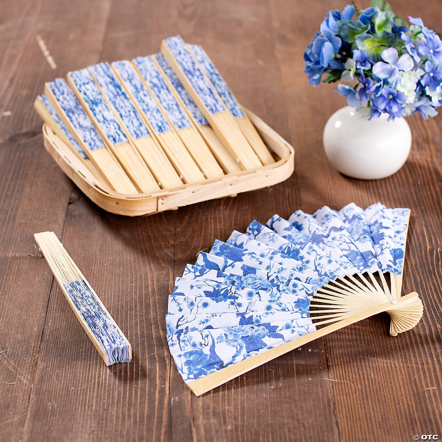 10" Bulk 48 Pieces Chinoiserie Print Folding Blue & White Paper Hand ...