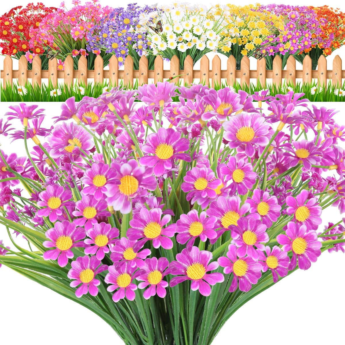 10 Bundles Artificial Daisies Flowers UV Resistant Shrubs No Fade Faux ...