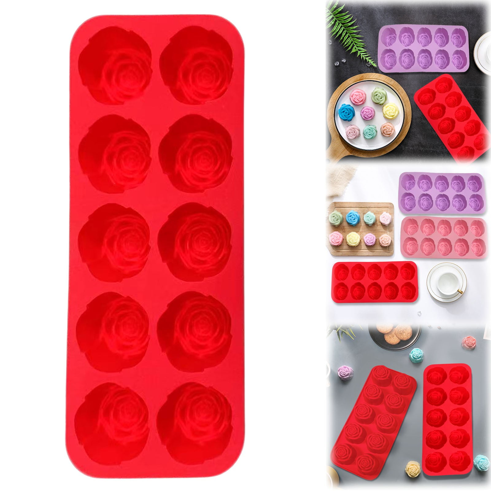 10-Cavity Flower Silicone Mousse Mold, Red Rose Shape Baking Mold for ...