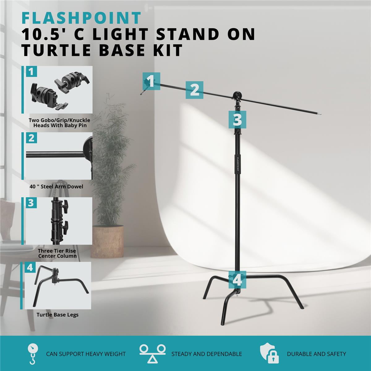 Century 10' Black Photography Light Stand Kit with 40" Grip Arm & Two 3 ...