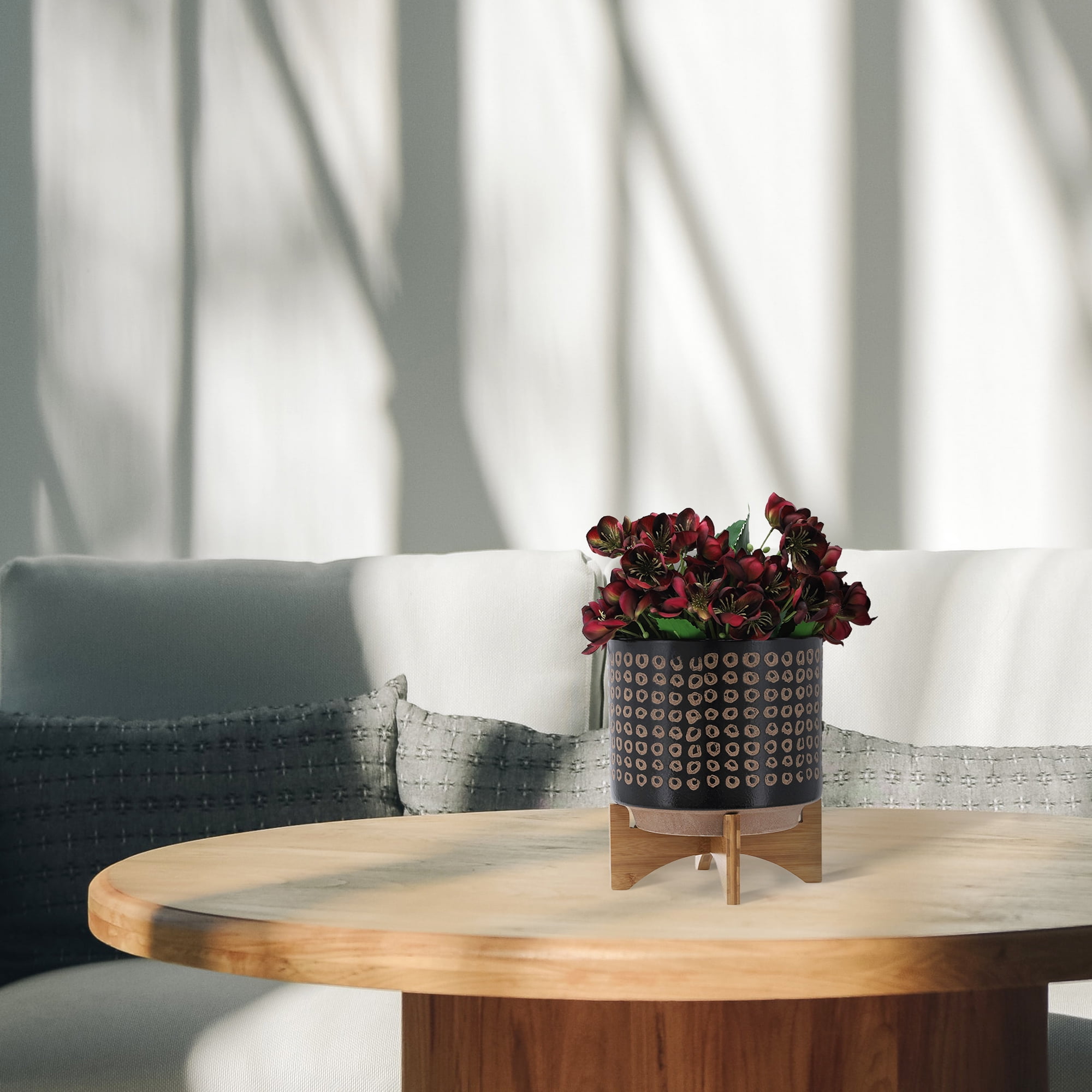 10" Ceramic Planter With Wood Stand Modern Flower Holder for Indoor and ...