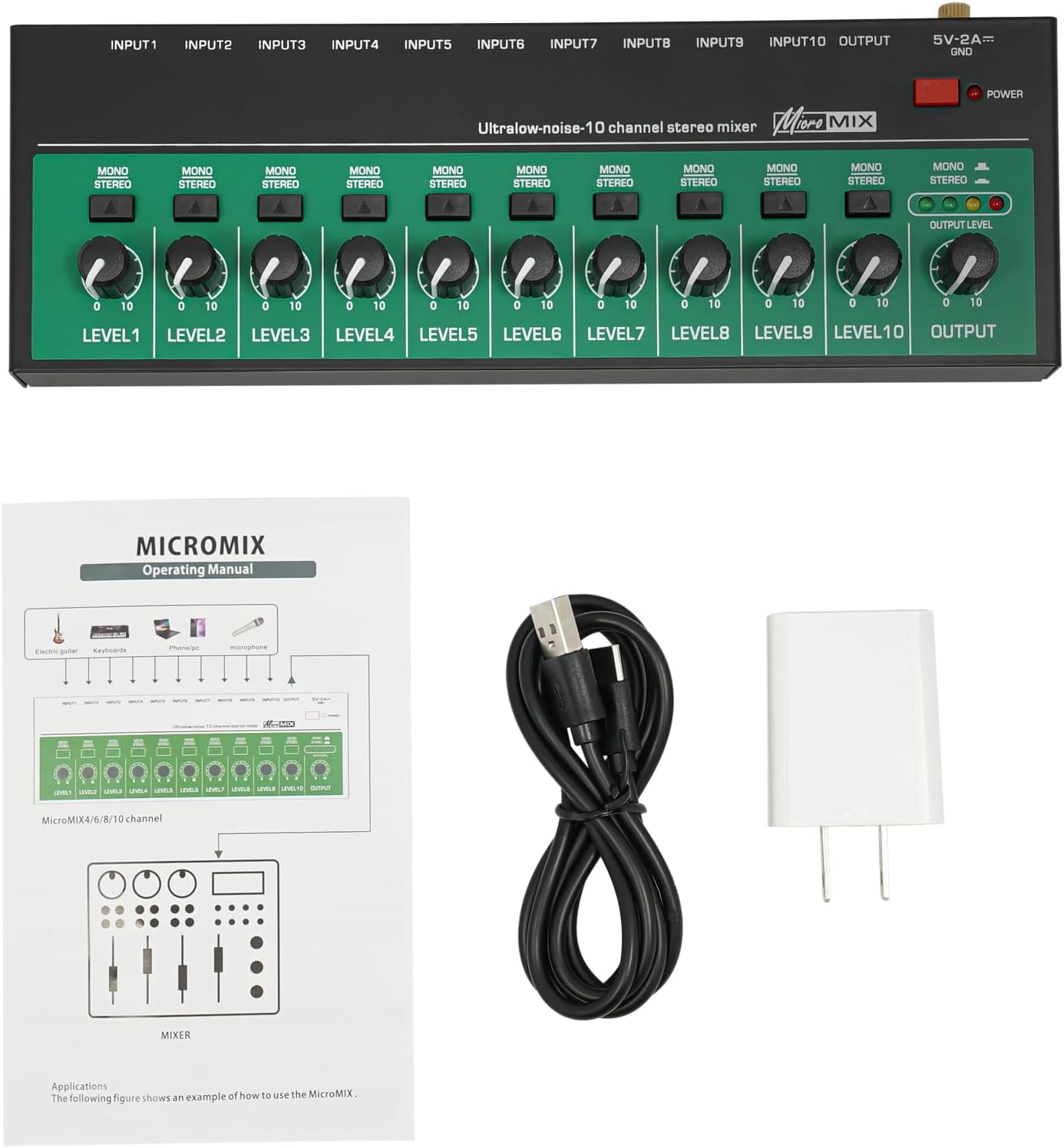 10 Channel Audio Mixer, Mini Music Mixer, DJ Mixers Stereo Mono ...