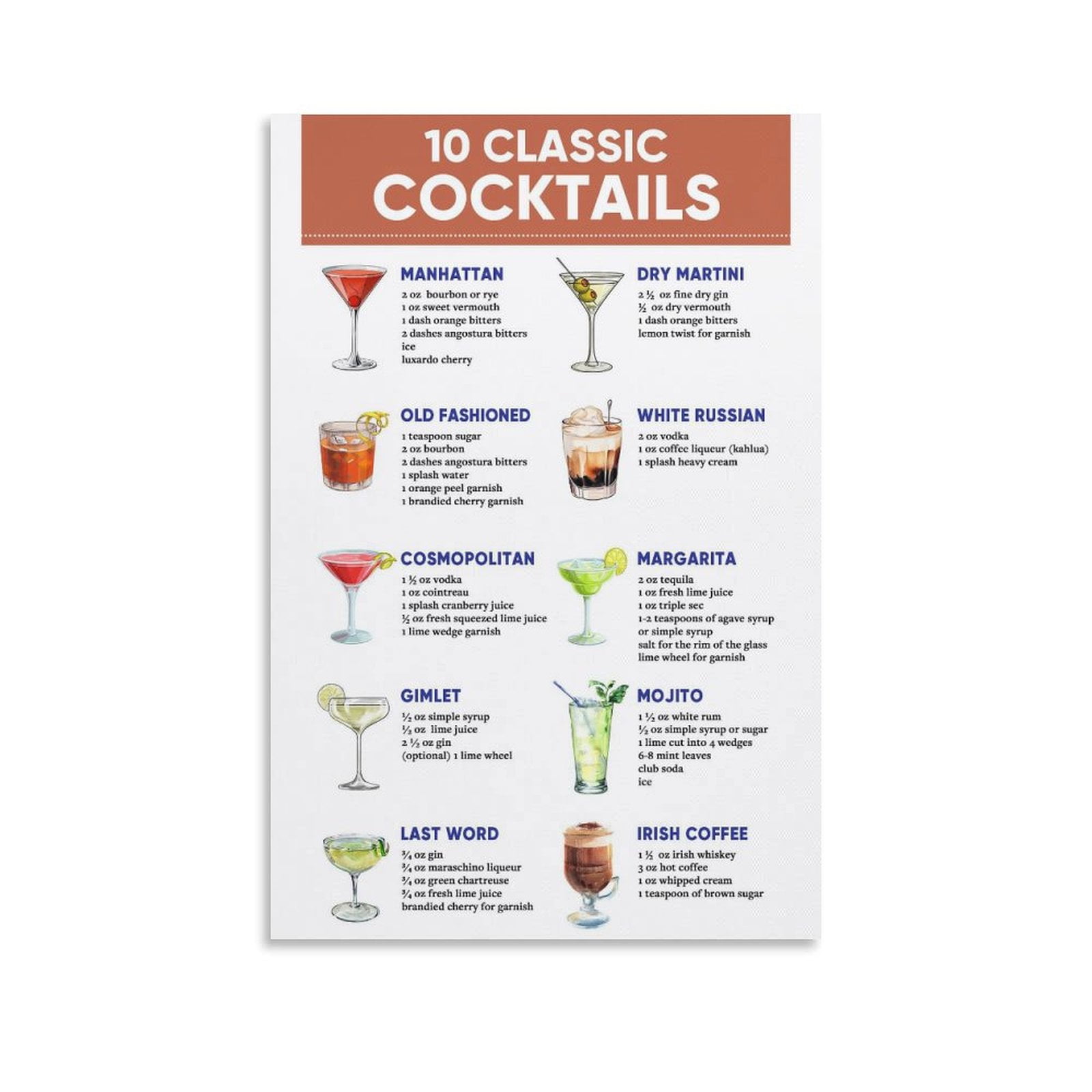 10 Classic Cocktail Mixology Recipe Alcoholic Scroll Hanger Bar Pub Themed Kitchen Restaurant ...