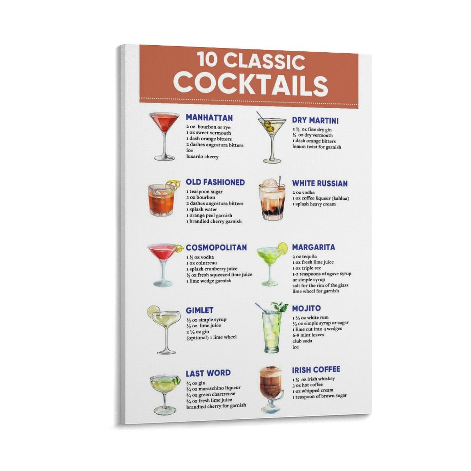 10 Classic Cocktail Mixology Recipe Alcoholic Scroll Hanger Bar Pub ...