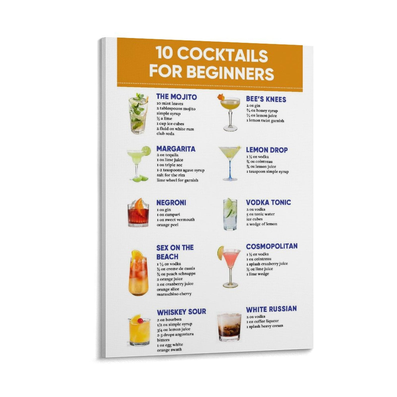 10 Cocktail Mixology Recipe for Beginners Alcoholic Posters Art Print Wall Photo Paint Poster ...