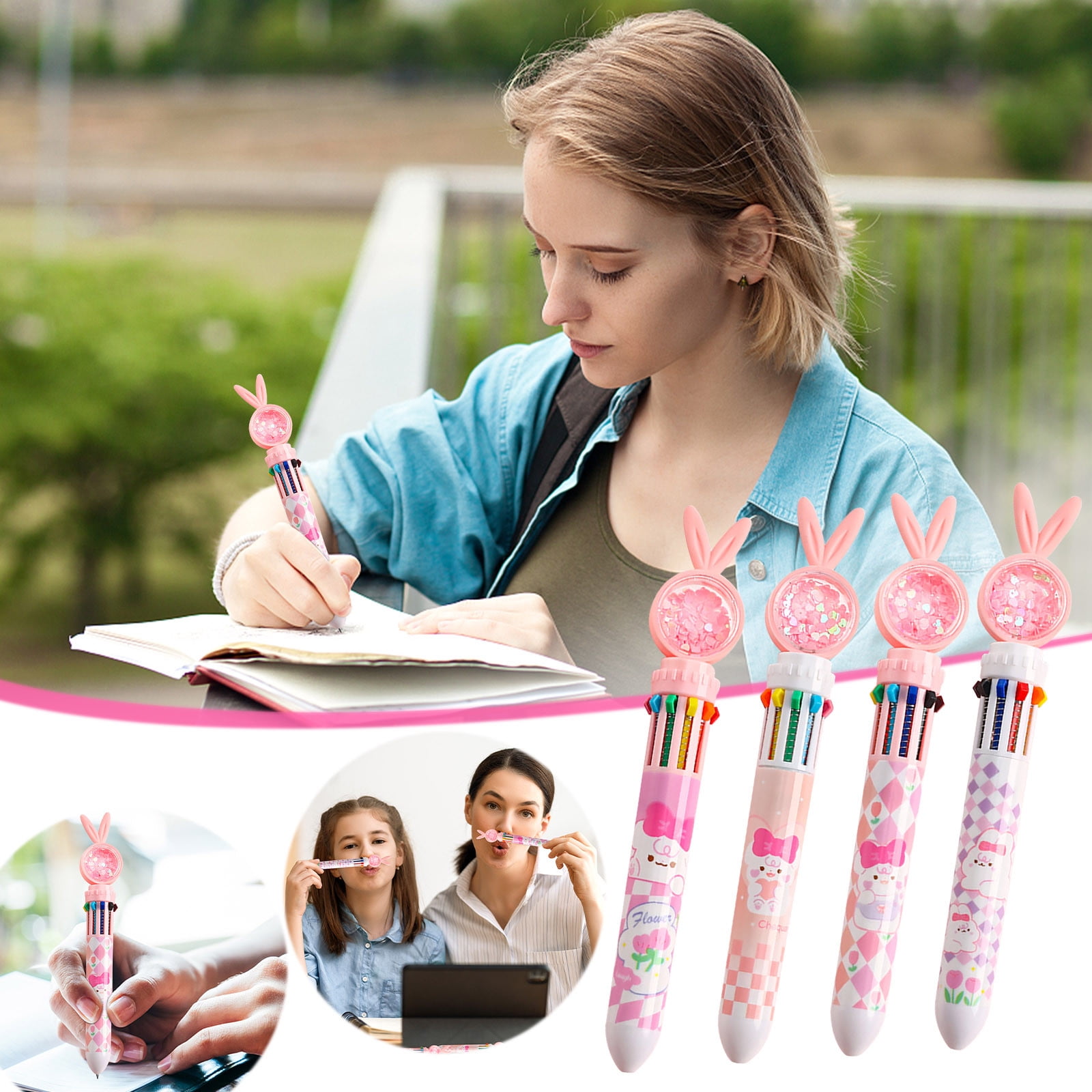 10-Color Rotating Ballpoint Pen with Sequins - Multi-Color Click Pen ...