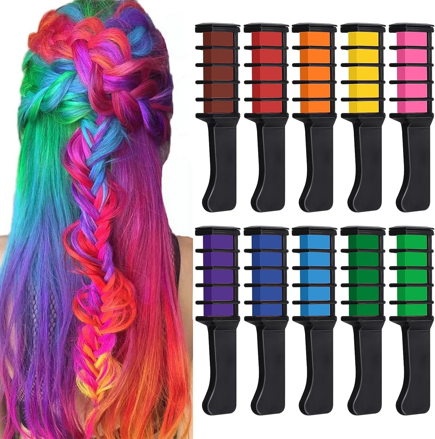 10 Color Temporary Bright Hair Chalk Set, Metallic Glitter Hair Chalks ...