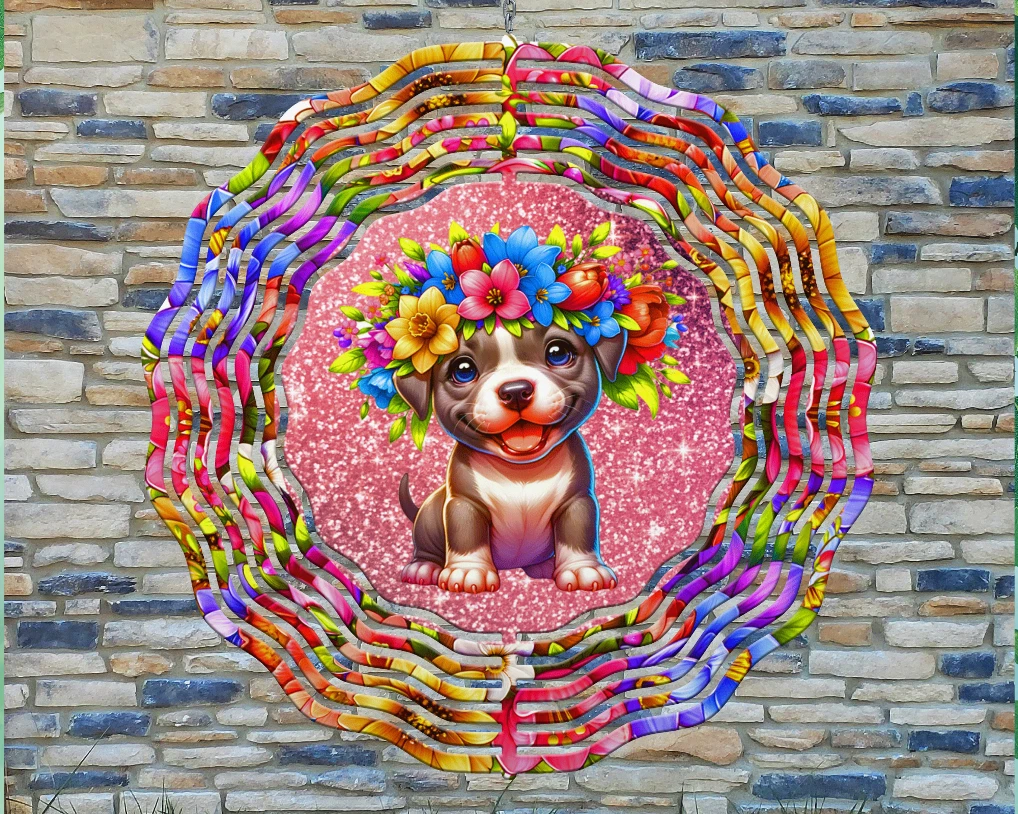 10" Colorful Pit Bull Puppy Dog Flowers Hanging Wind Spinner Yard ...