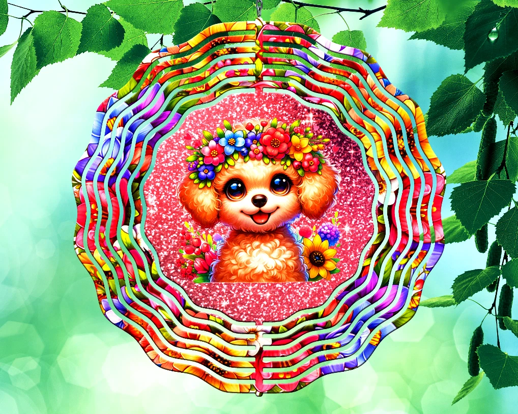10" Colorful Poodle Puppy Dog Flowers Hanging Wind Spinner Yard RWS240 ...