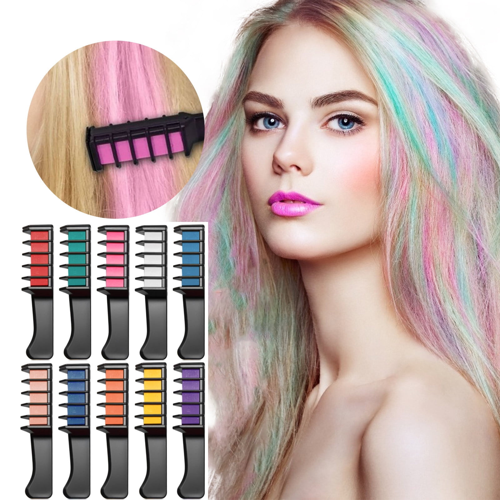 10 Colors Festive Fun Hair Chalk Combs, 2026 New Temporary Glitter Hair ...