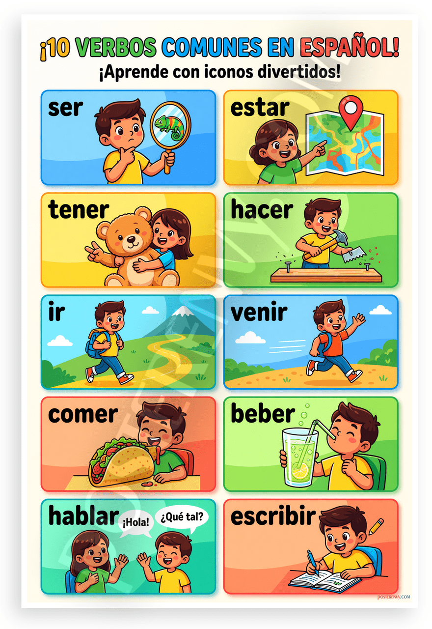 10 Common Spanish Verbs Ser Estar Tener Educational 12x18 US Made ...
