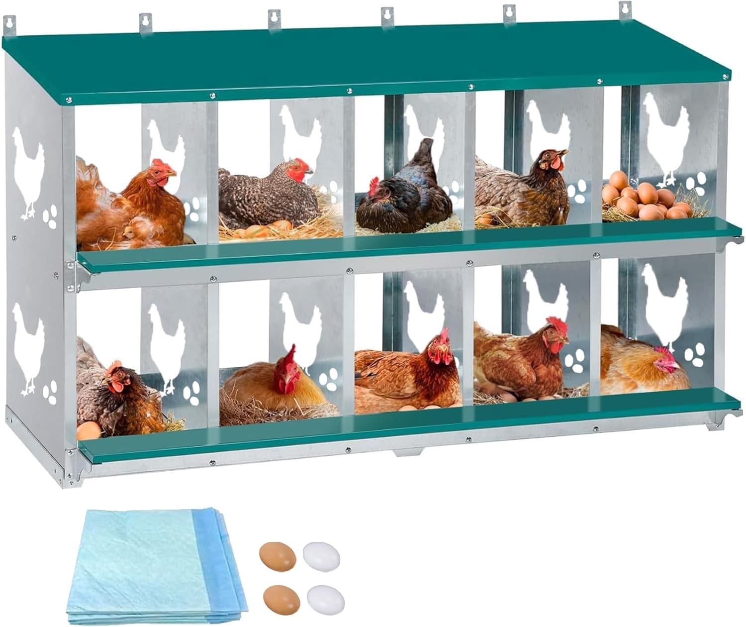 10 Compartment Chicken Nesting Box - Heavy Duty Metal Coop with Roll ...