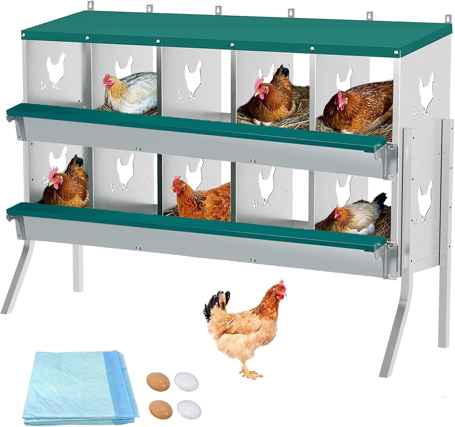 10 Compartment Chicken Nesting Box - Heavy Duty Metal Coop with Roll ...