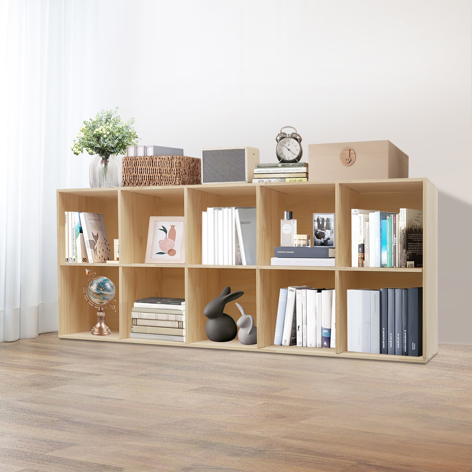 10 Compartments Floor-Mounted Wooden Cube Shelf Bookcase Wood Color ...