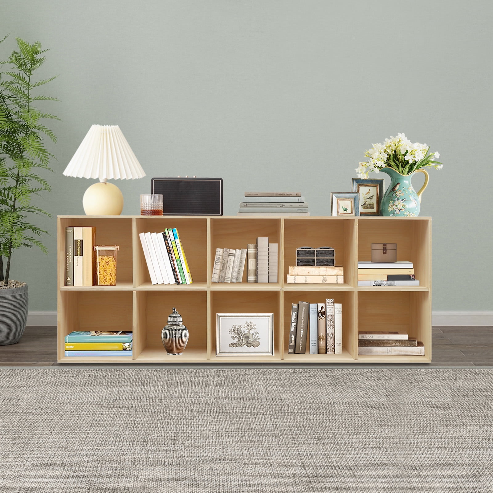 10 Compartments Storage Shelf Bookcase-Solid Wood Cube Storage ...