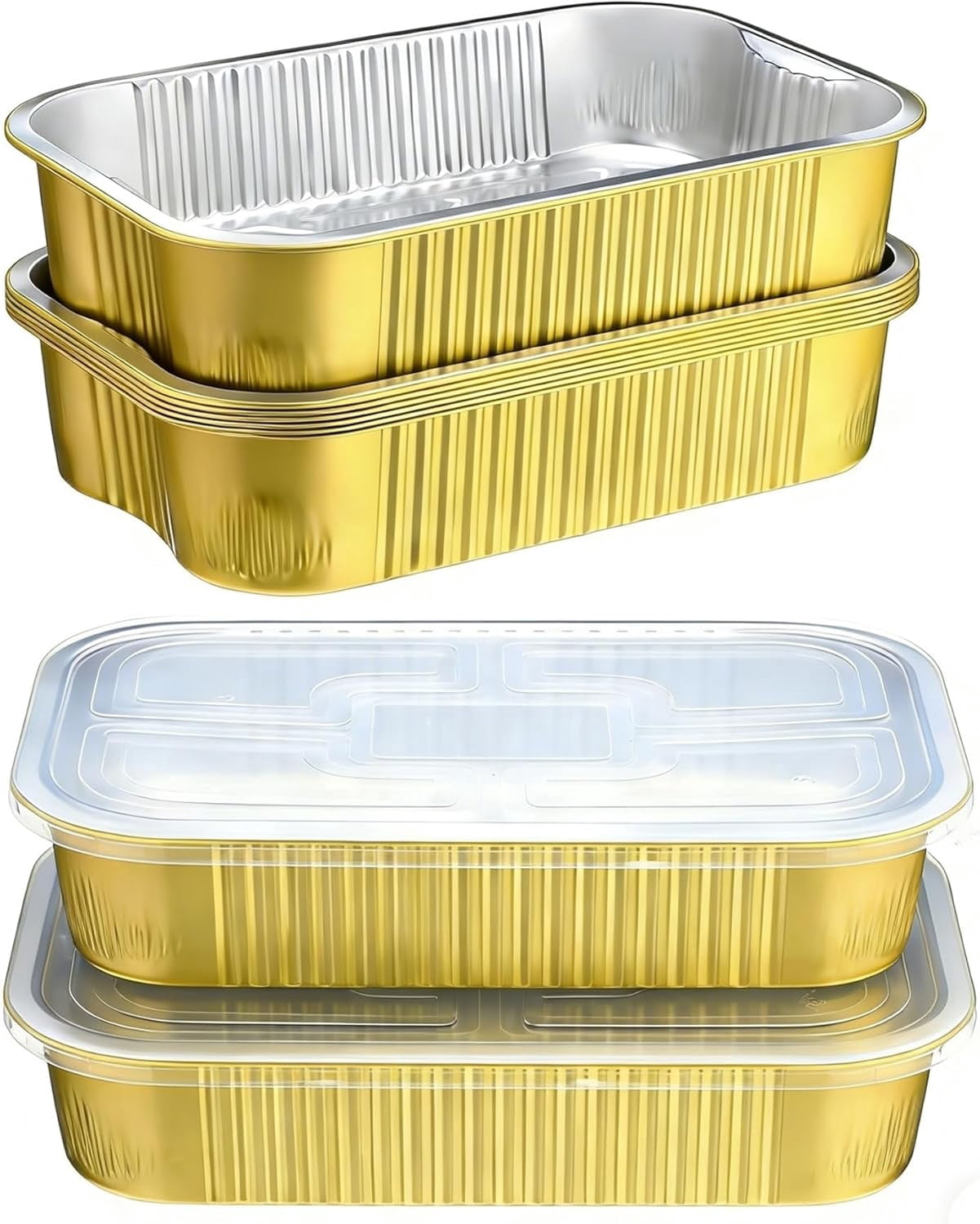 10 Count 13x8.8 Inch Gold Heavy Duty Aluminum Foil Pans with Clear Lids ...