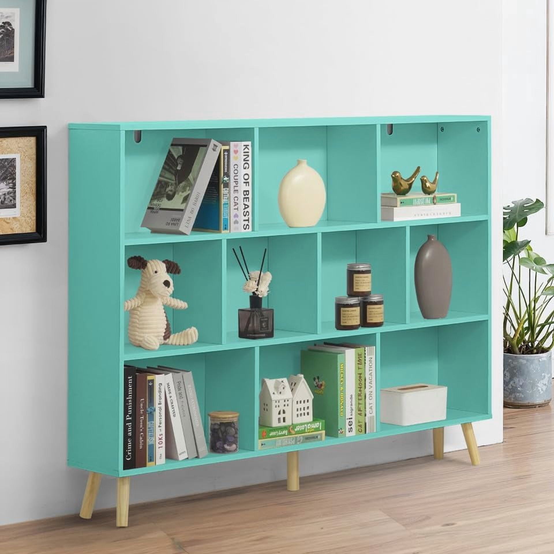 10 Cube 3 Tier Mid Century Bookshelf, 55” Wide Wooden Cube Storage ...