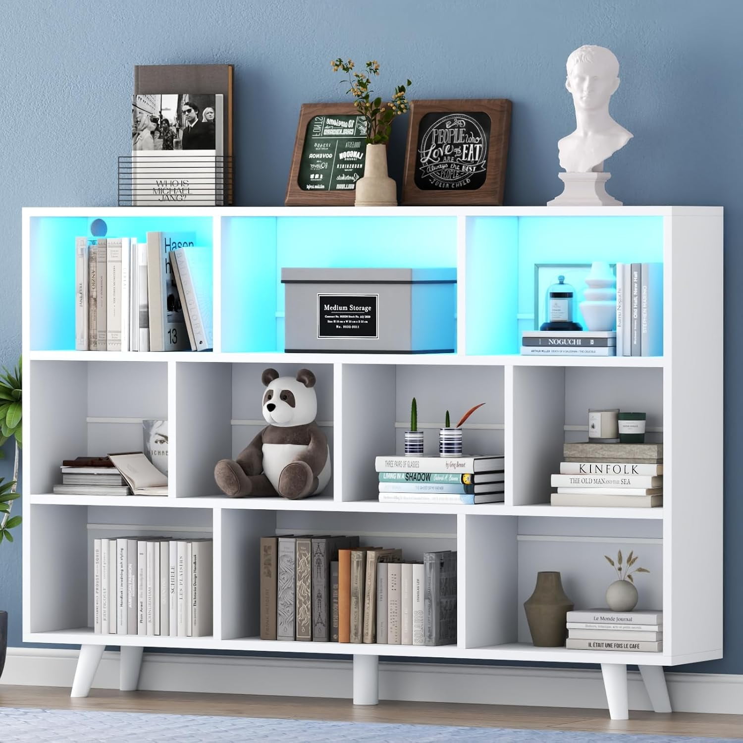 10 Cube Book Shelf with LED Lights, 3-Tier White Bookcase with Solid ...