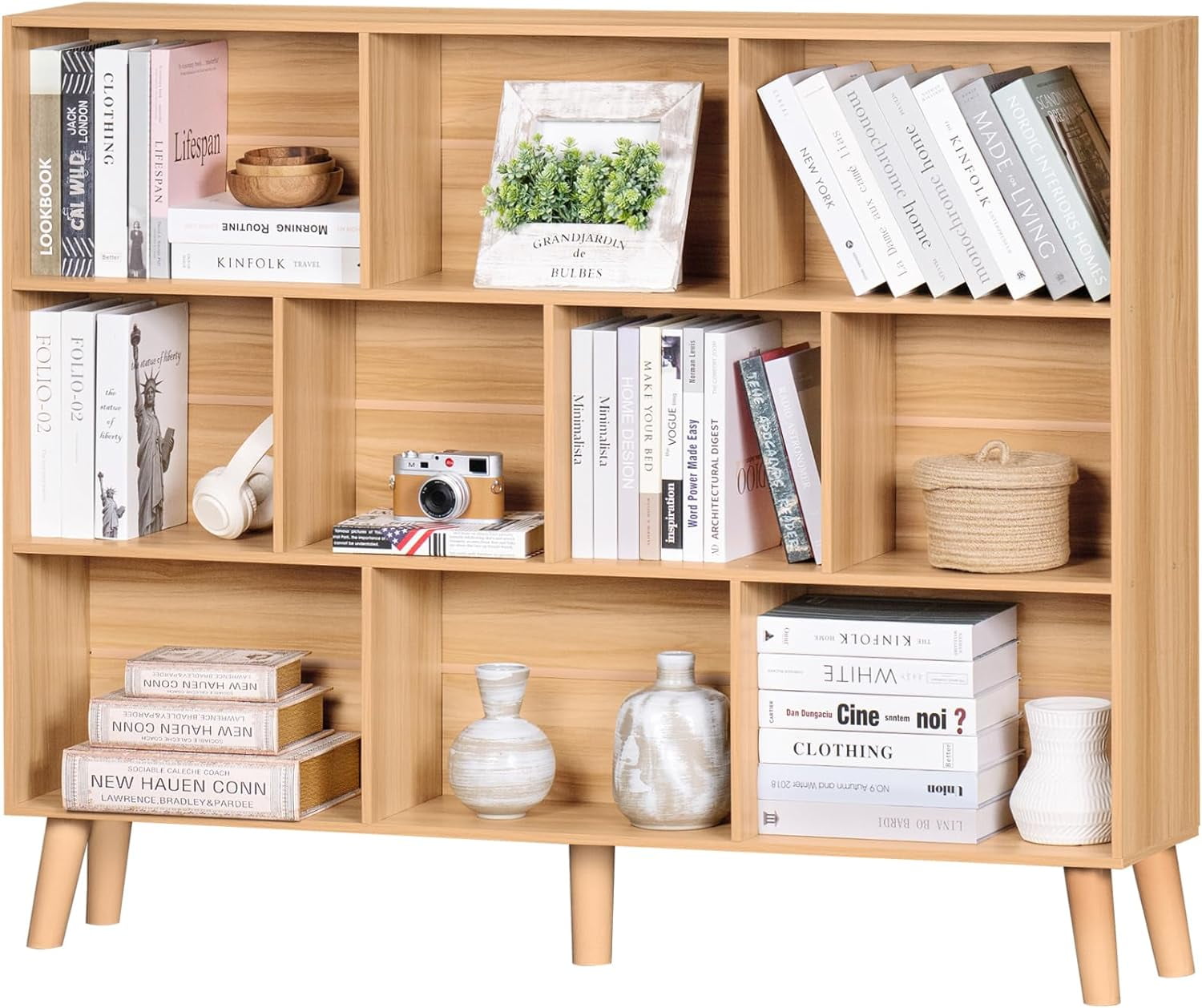 10 Cube Bookshelf,3 Tier Modern Wide Bookcase with Legs, Wood ...