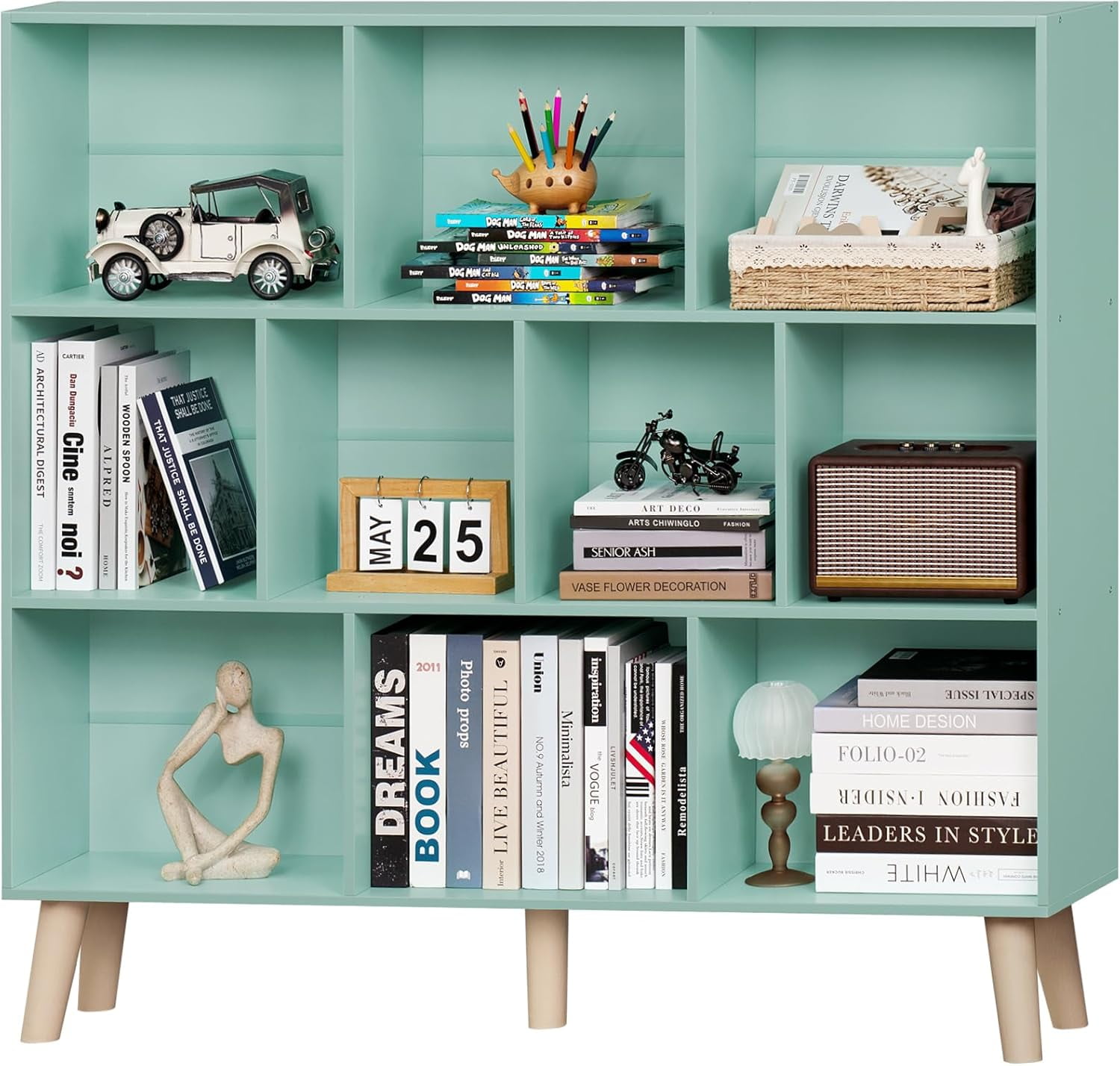 10 Cube Bookshelf,3 Tier Modern Wide Bookcase with Legs,Mid-Century ...