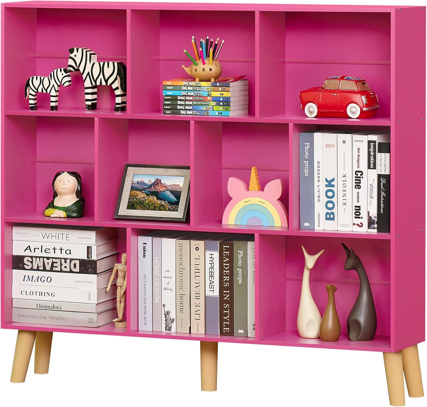 10 Cube Bookshelf,3 Tier Modern Wide Bookcase with Legs,Mid-Century ...