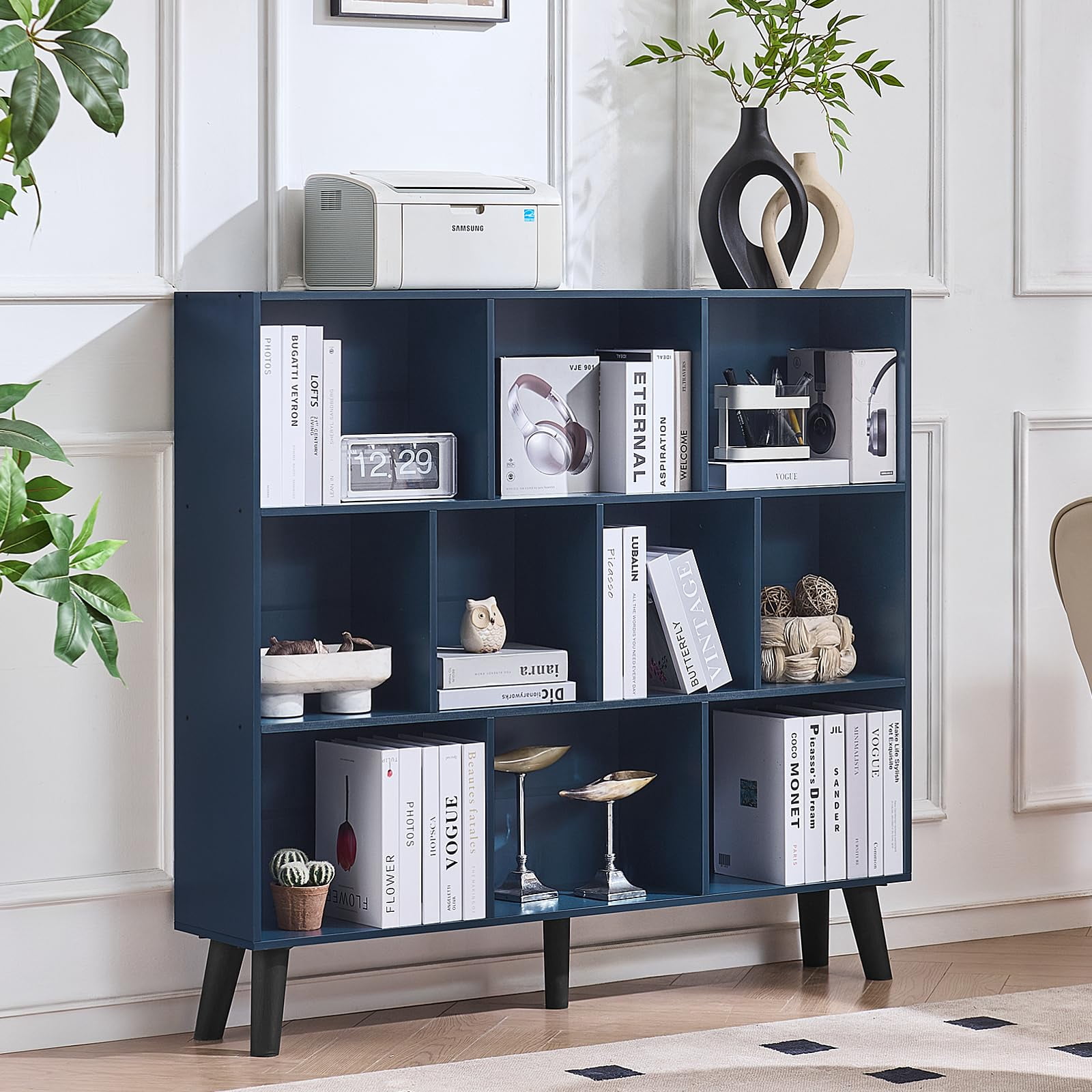 10 Cube Bookshelf 3 Tier Modern Wide Bookcase With Mid-century Wood ...