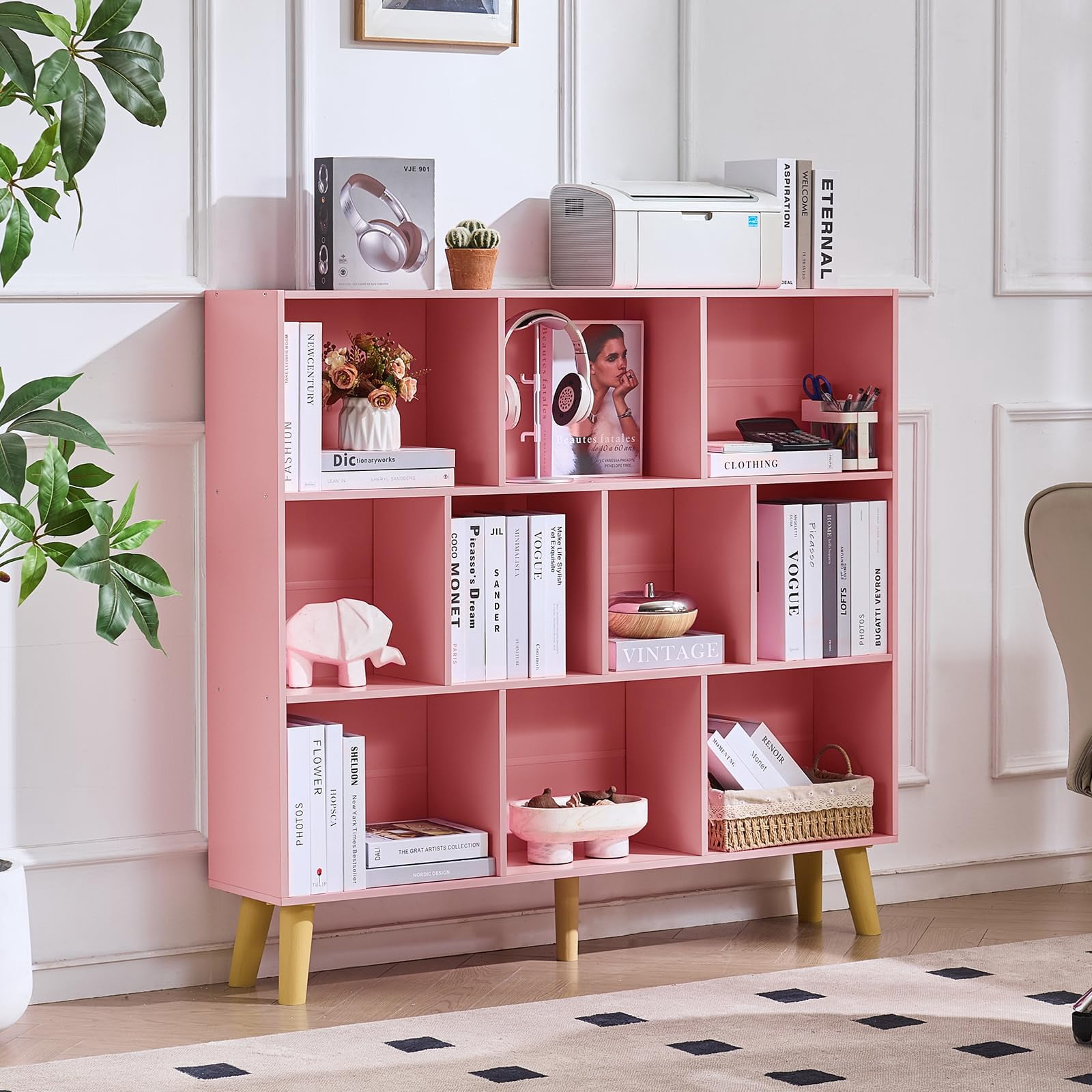 10 Cube Bookshelf 3 Tier Modern Wide Bookcase With Mid-century Wood ...