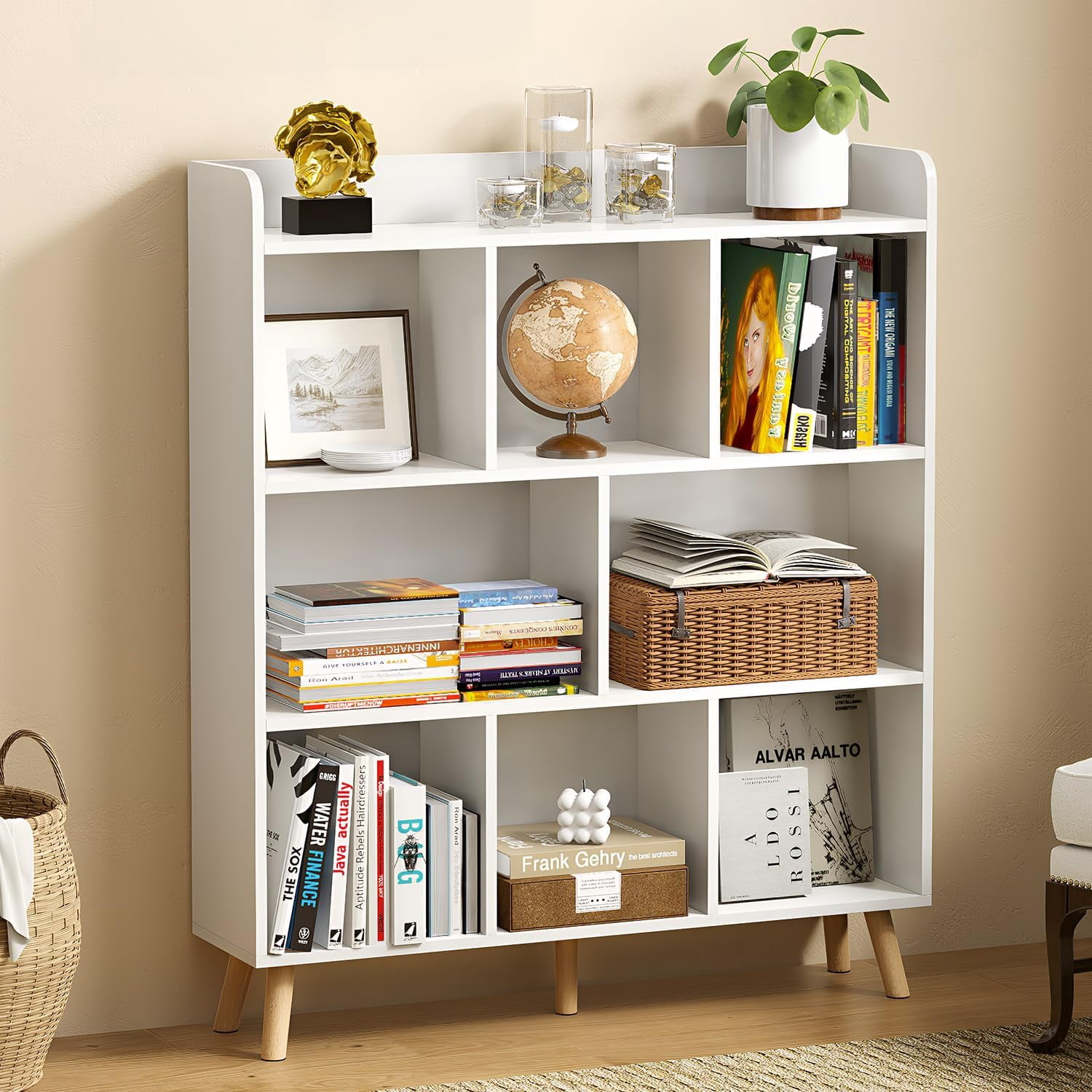 10 Cube Bookshelf with Legs, 3 Tier Open Wood Bookcases with Storage ...