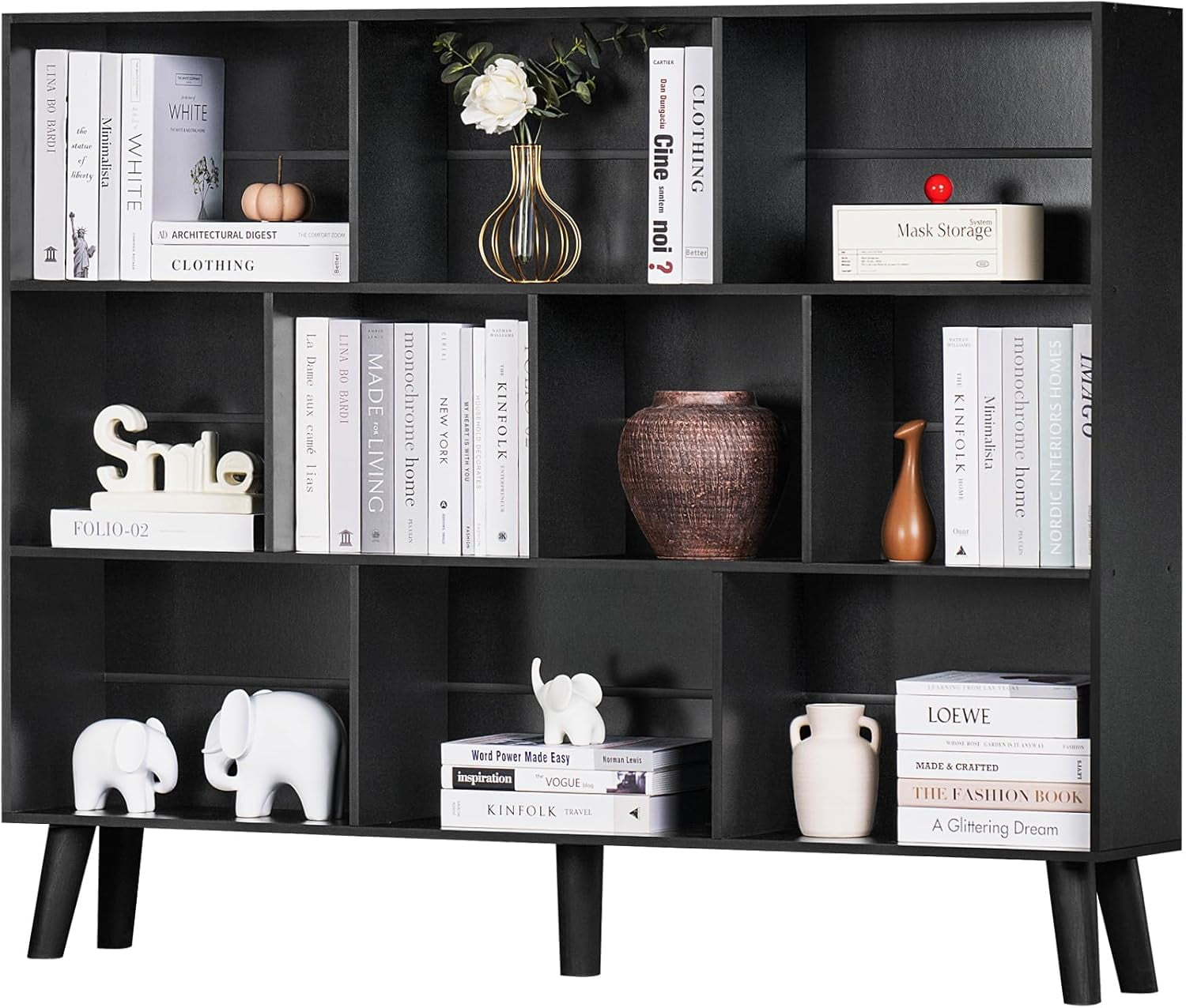 10 Cube Large Bookshelf,3 Tier Bookcase with Legs,Black Mid-Century ...