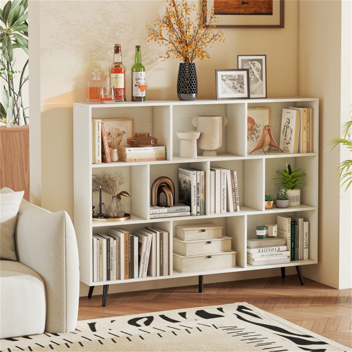 10-Cube Storage Shelf, 55" x 9.5" x 42" Bookcase Organizer with Metal ...
