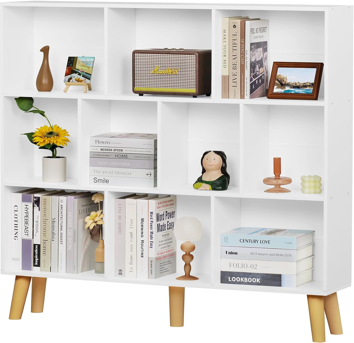 10 Cube White Bookshelf,3 Tier Book Shelf with Legs,Modern Minimalist ...