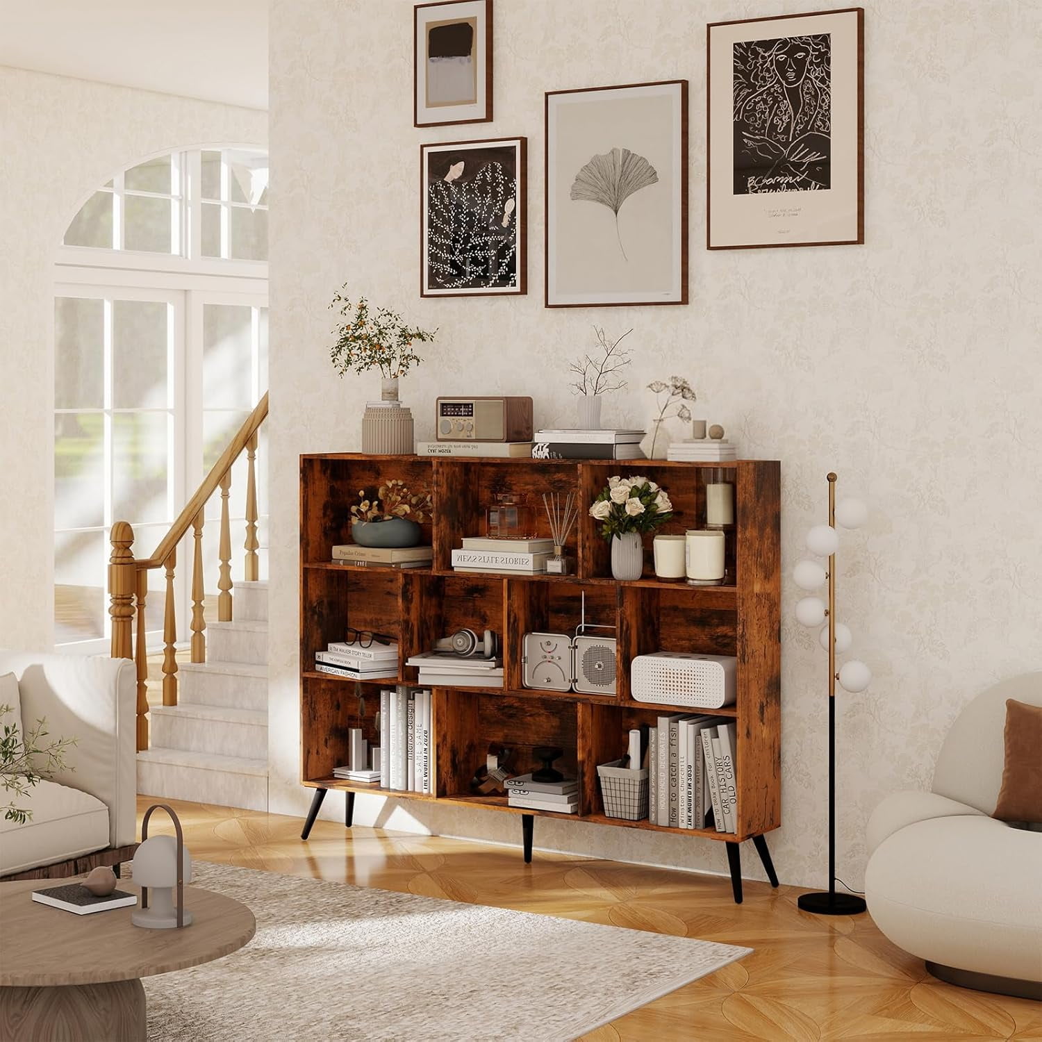 10 Cubes Wooden 3-Tier Bookcase with 5 Iron Legs, Freestanding Storage ...