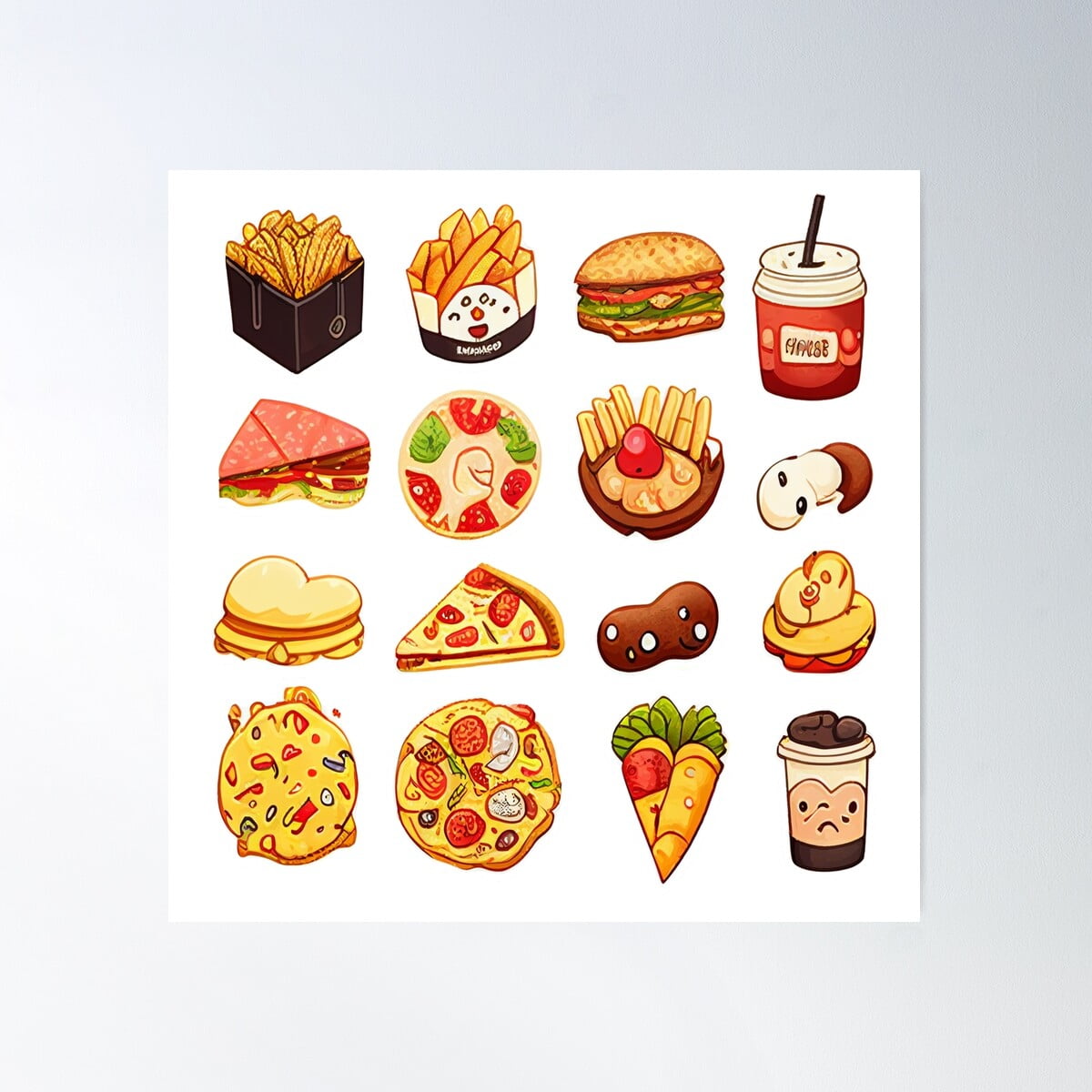 #10 Cute Happy Food Sticker Pack Poster Wall Art, Modern Wall Decor For ...
