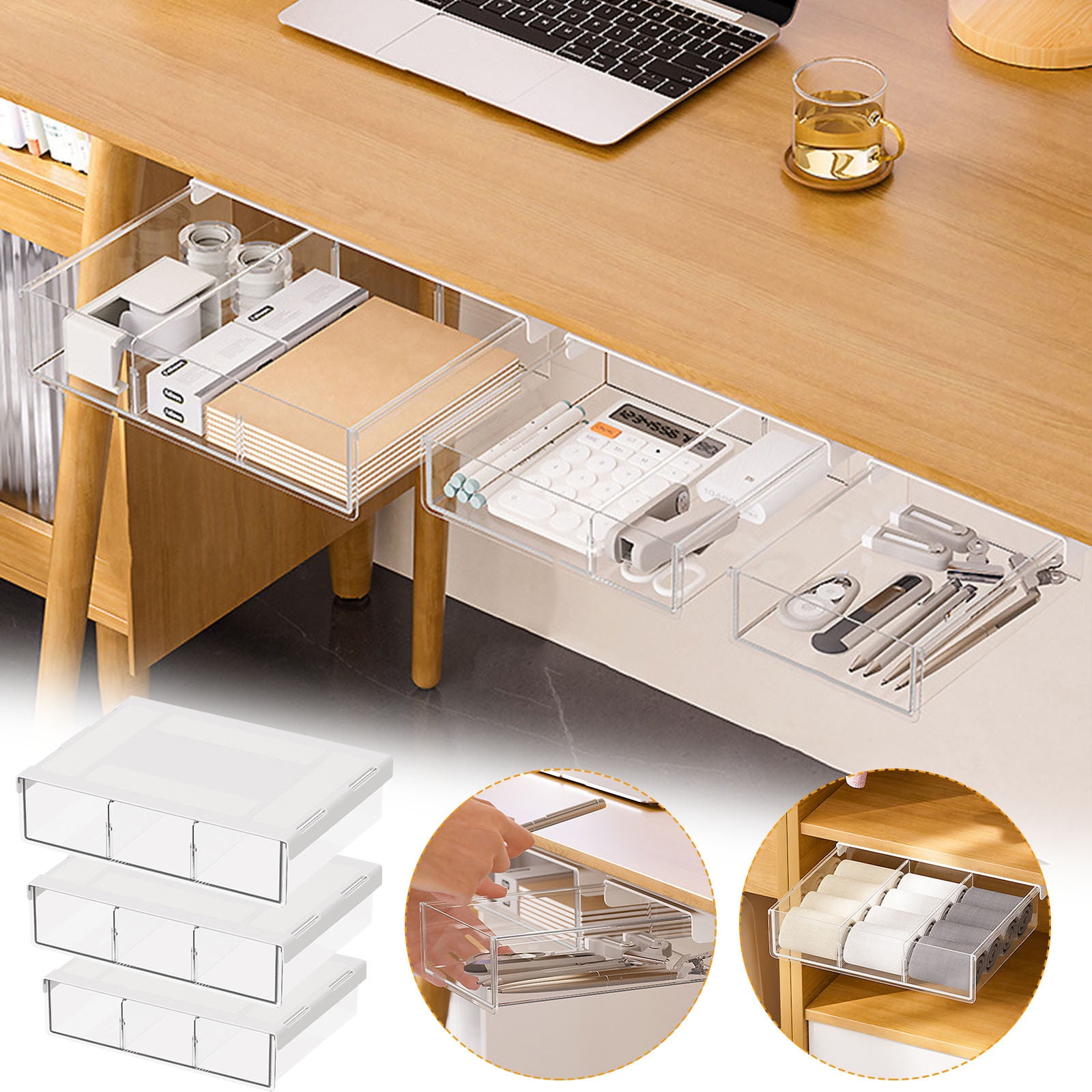Under 10, Under Desk Hidden Storage Box Invisible Drawer Organizer No ...