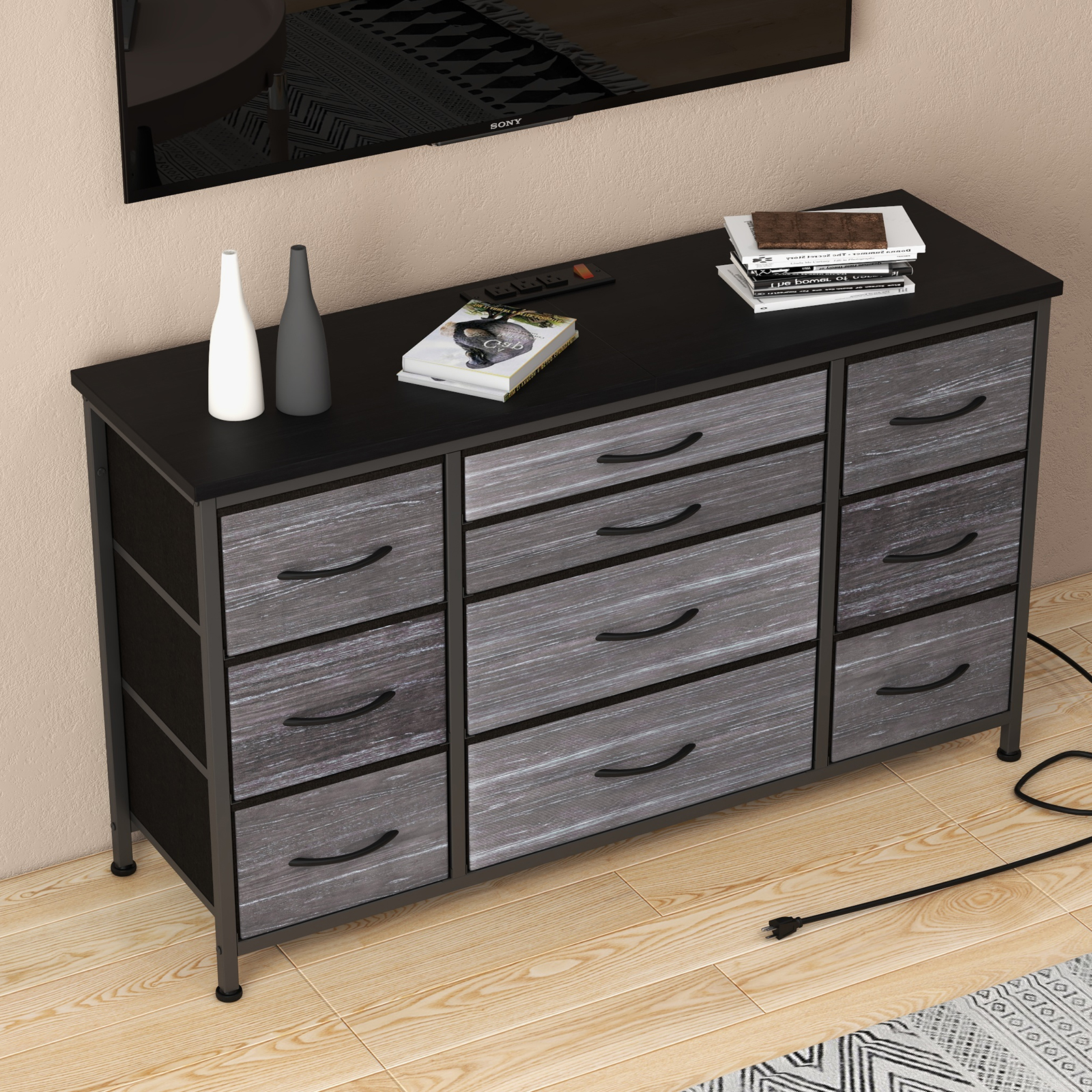 10 Drawer Dresser Tv Stand for Up 55" Tv, 47" Wide Fabric Dresser with ...