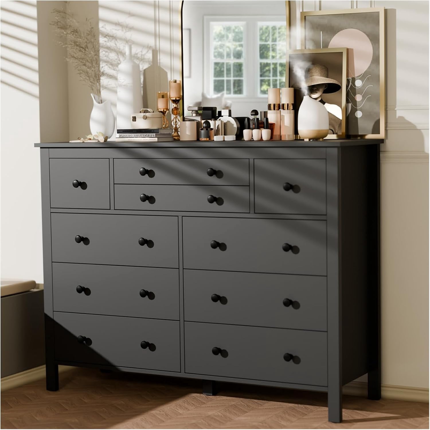 10 Drawer Large Black Dresser for Bedroom 47.2" Long Chest of Drawers ...